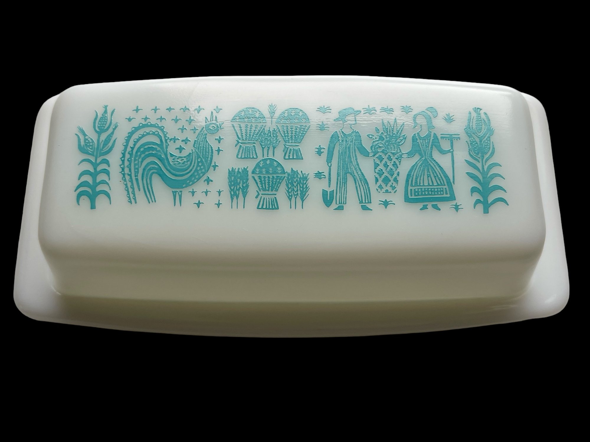 Vtg Pyrex Butter Dish Amish Butter Print Butterprint Turquoise Blue USA ...