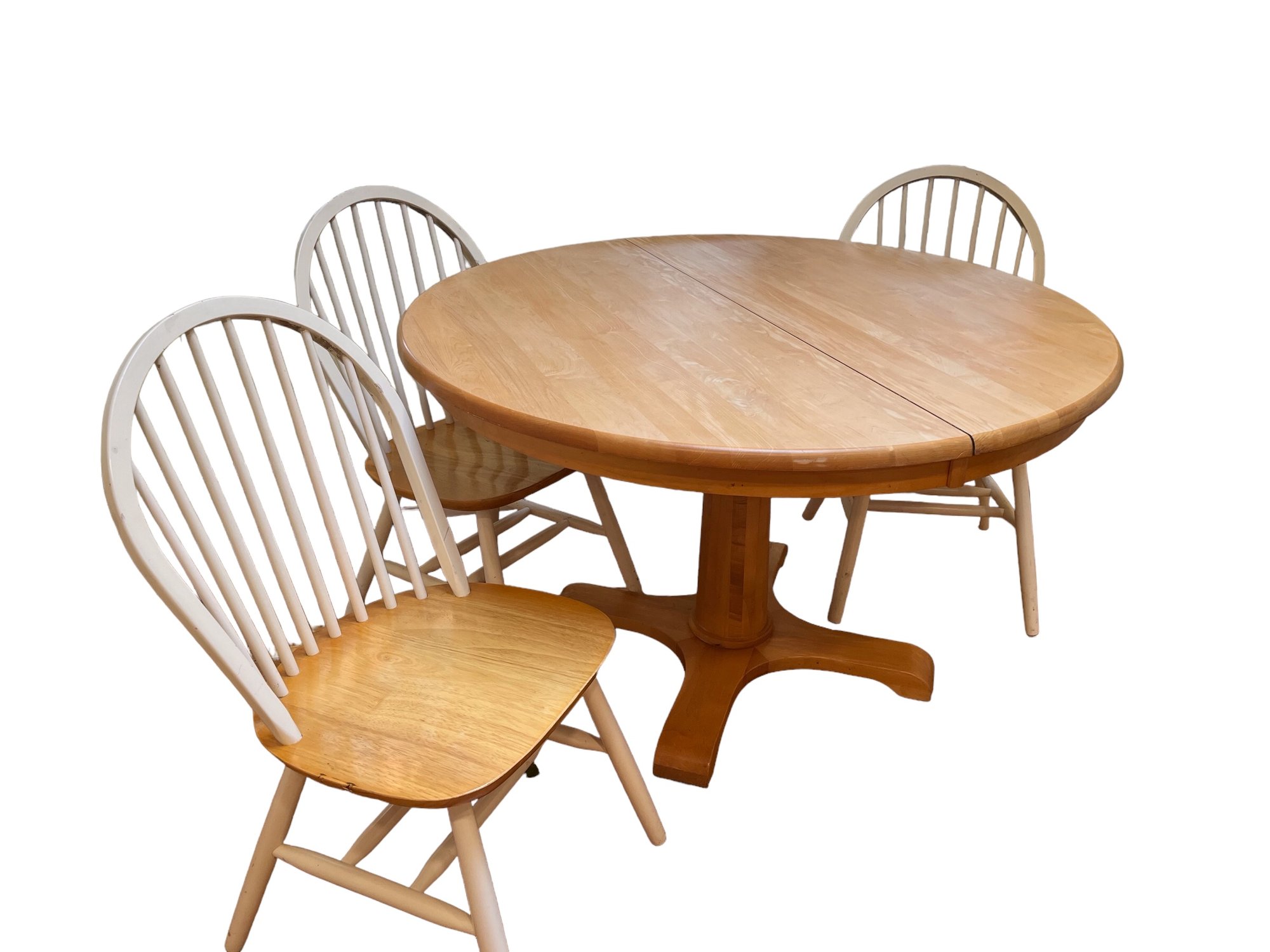 Round Pedestal Base Light Finish Table With Three White Windsor Chairs ...