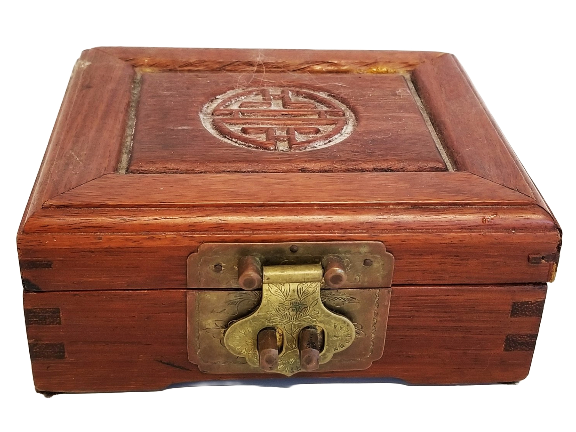 Vintage Chinese Wood Jewelry Box With Brass Hardware & Longevity Symbol ...