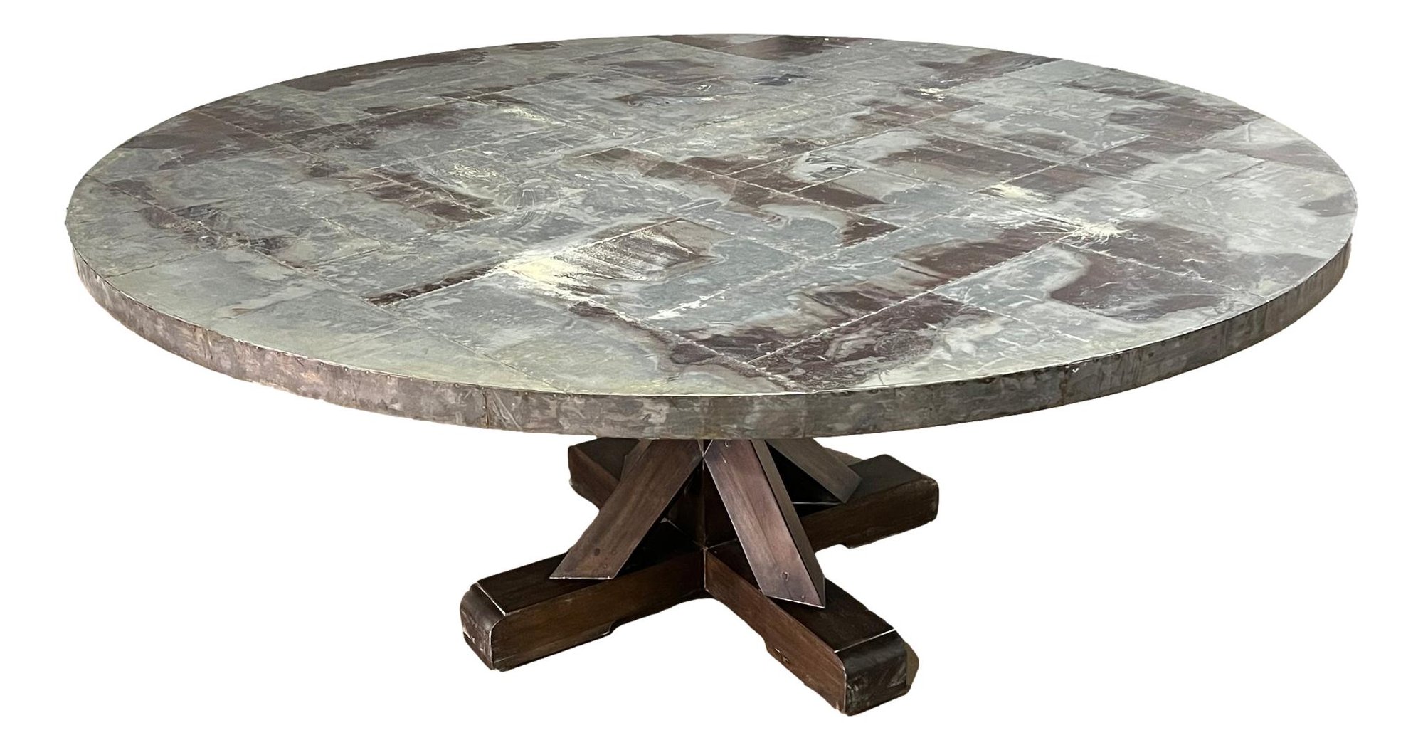 Industrial Style Metal Patchwork Top Table Over Wood X Base #40801758 ...