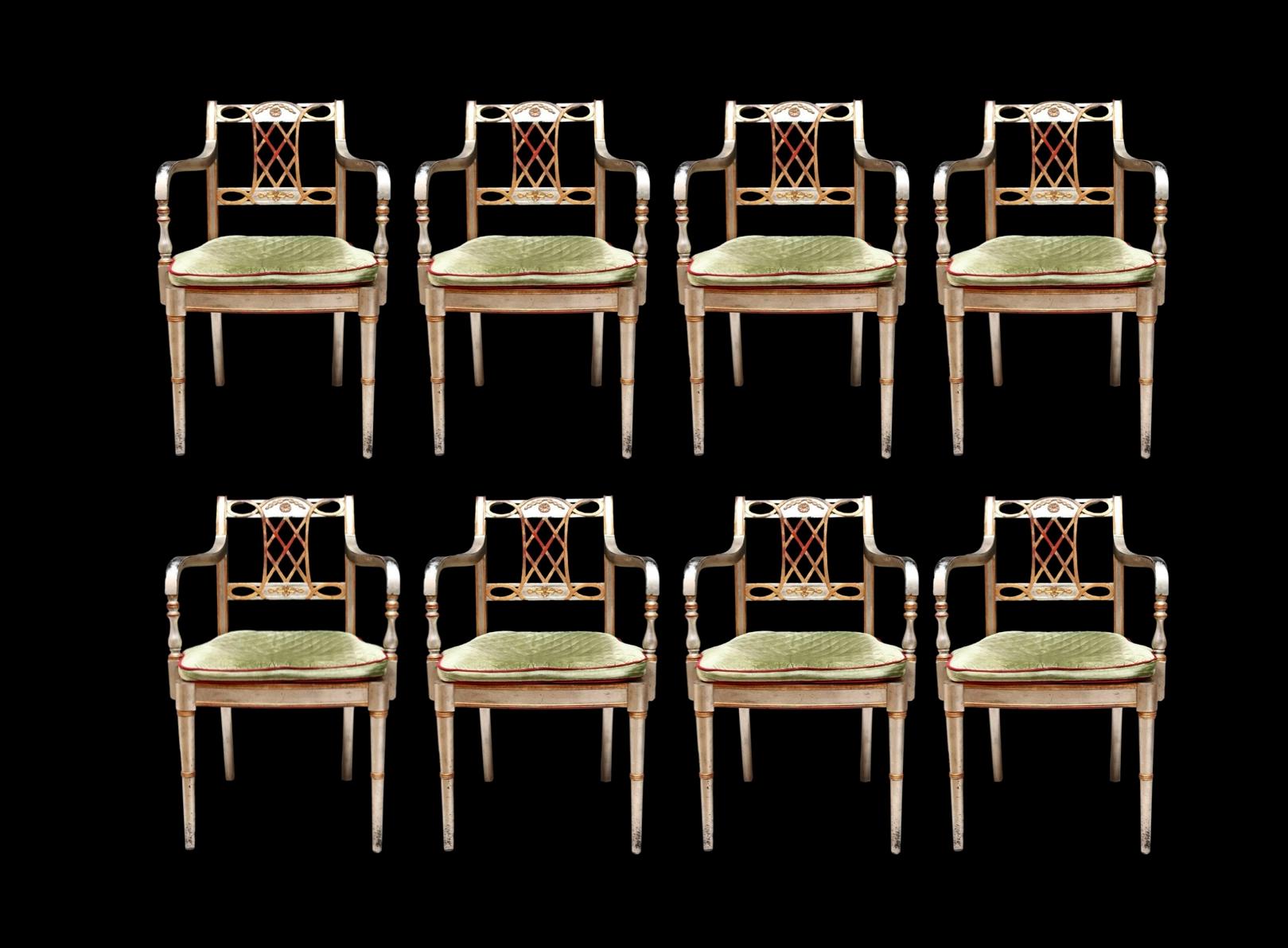 Set Of 8 Maitland Smith Silver Leaf And Cane Dining Arm Chairs With ...