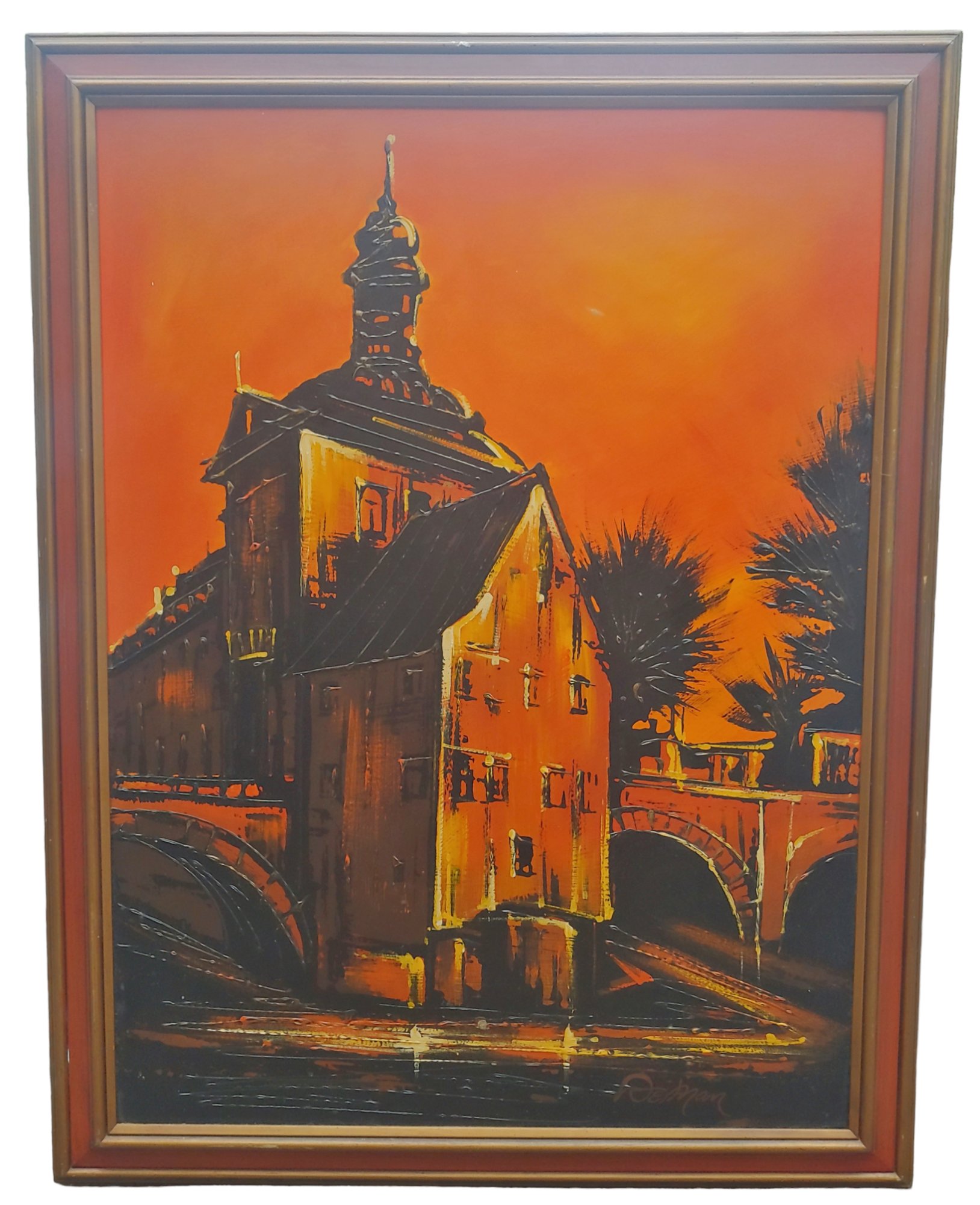 Large Mid Century Old Church & Bridge Oil Drip Painting Signed Deman ...