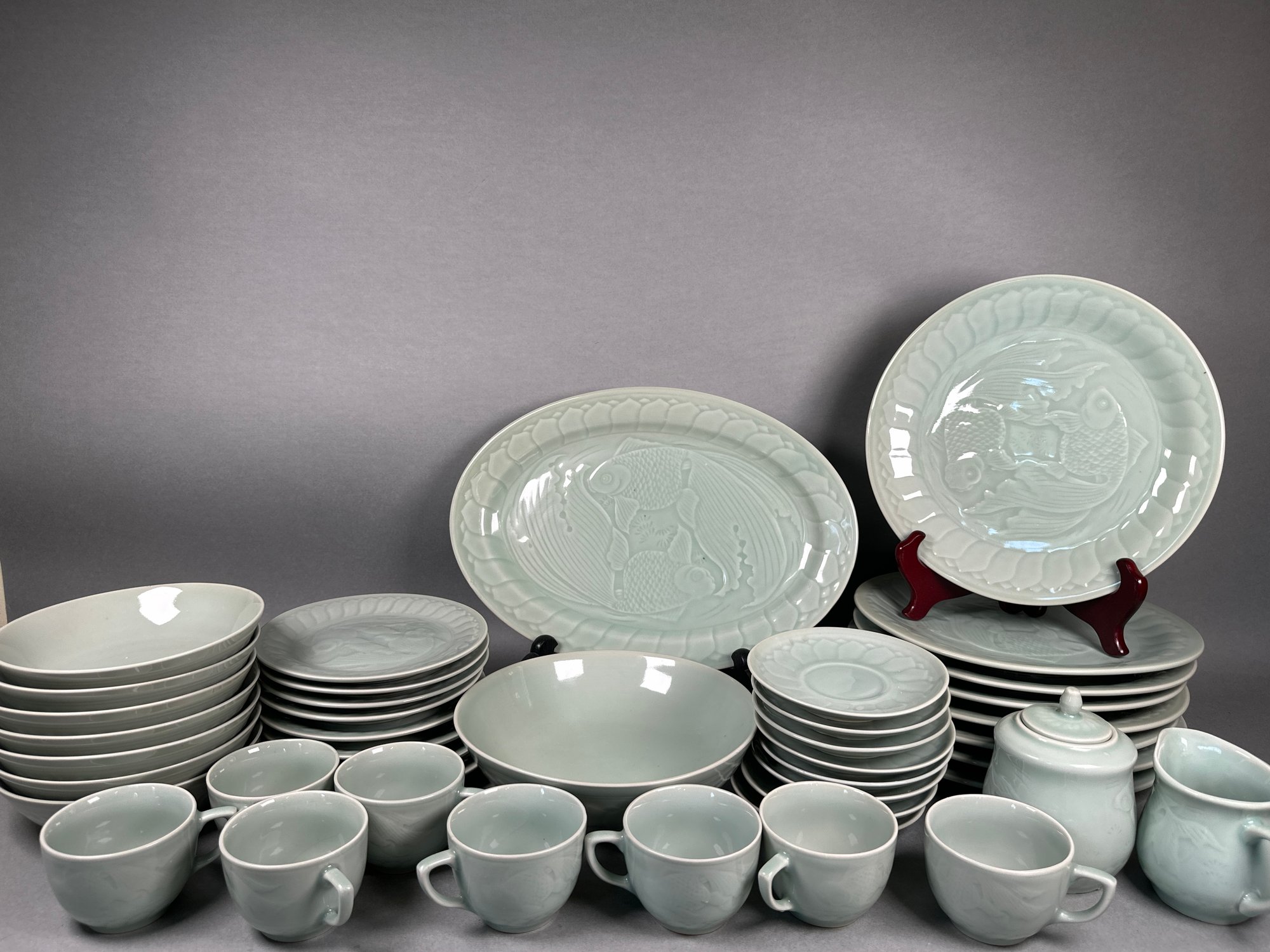 Vintage Celadon Koi Fish Dinnerware Set For 8 #40793075 | Auctionninja.com