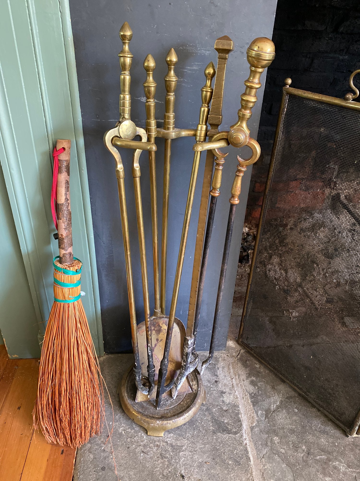 Antique Brass Fireplace Tools And Rustic Hand Broom Heavy Duty ...