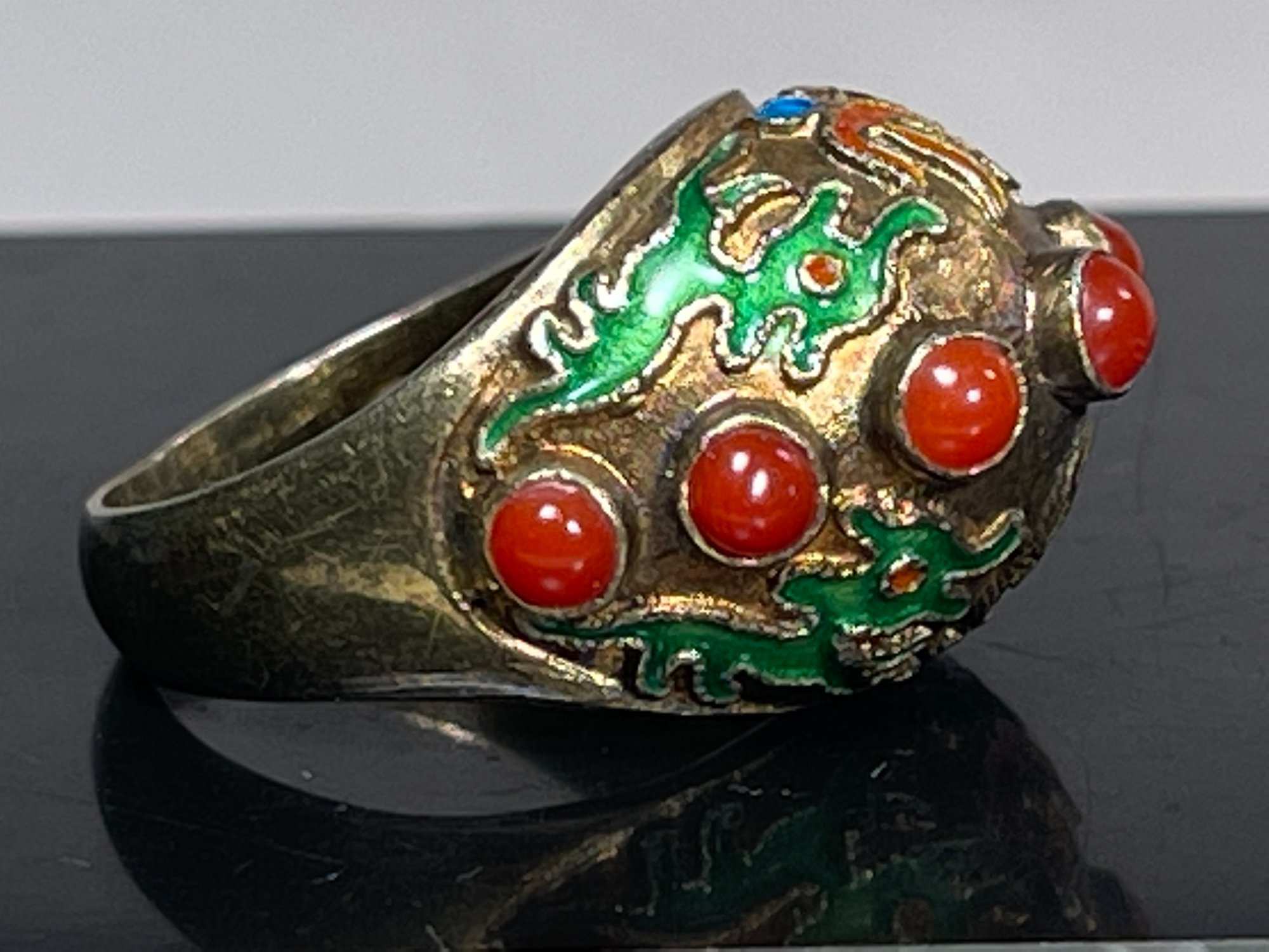 Awesome Antique Chinese Gilt Silver Enamel Dragons Carnelian Ring ...