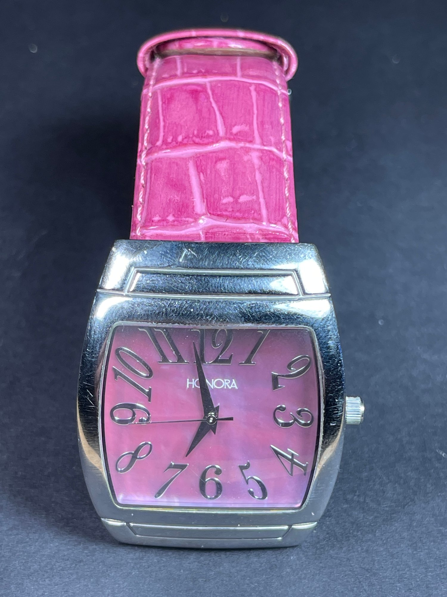 HONORA Pink Wide Leather Band Mother Of Pearl Wristwatch #2015319 ...