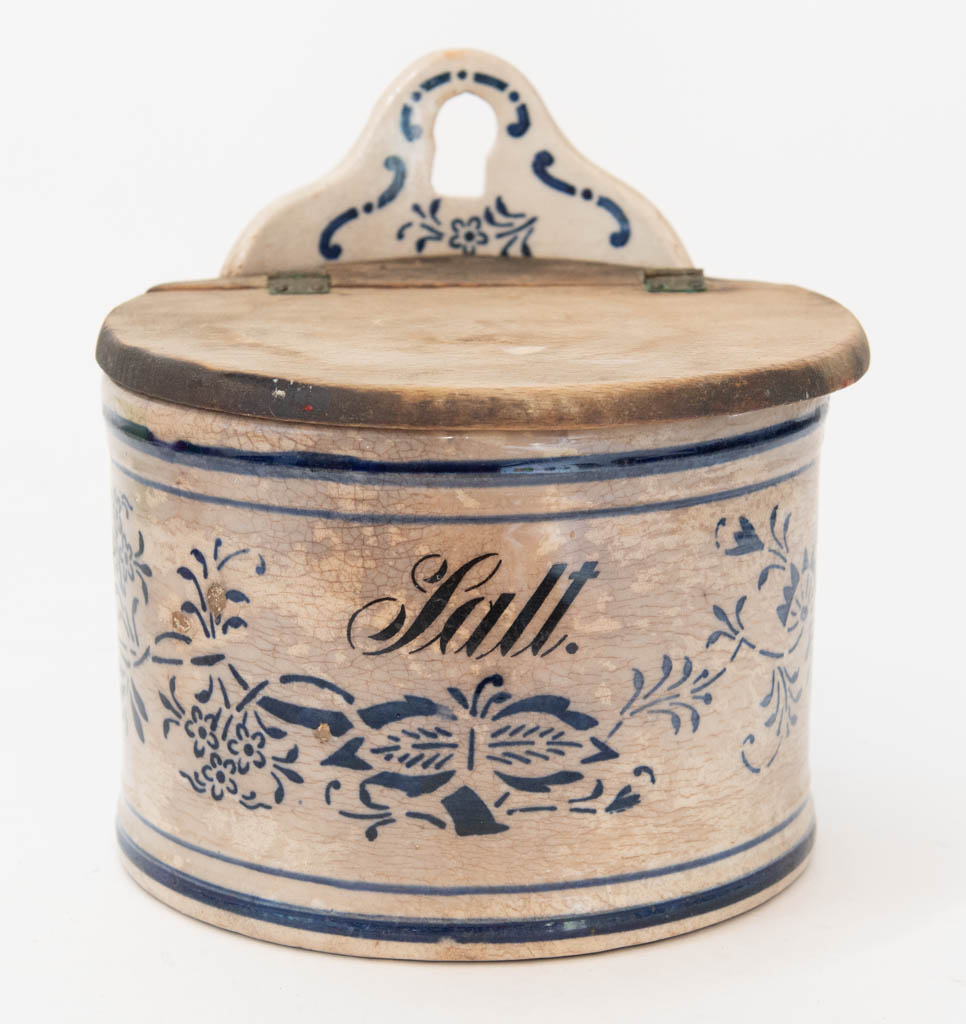 Antique German Blue Onion Flow Blue Salt Box With Wooden Lid #40073 ...