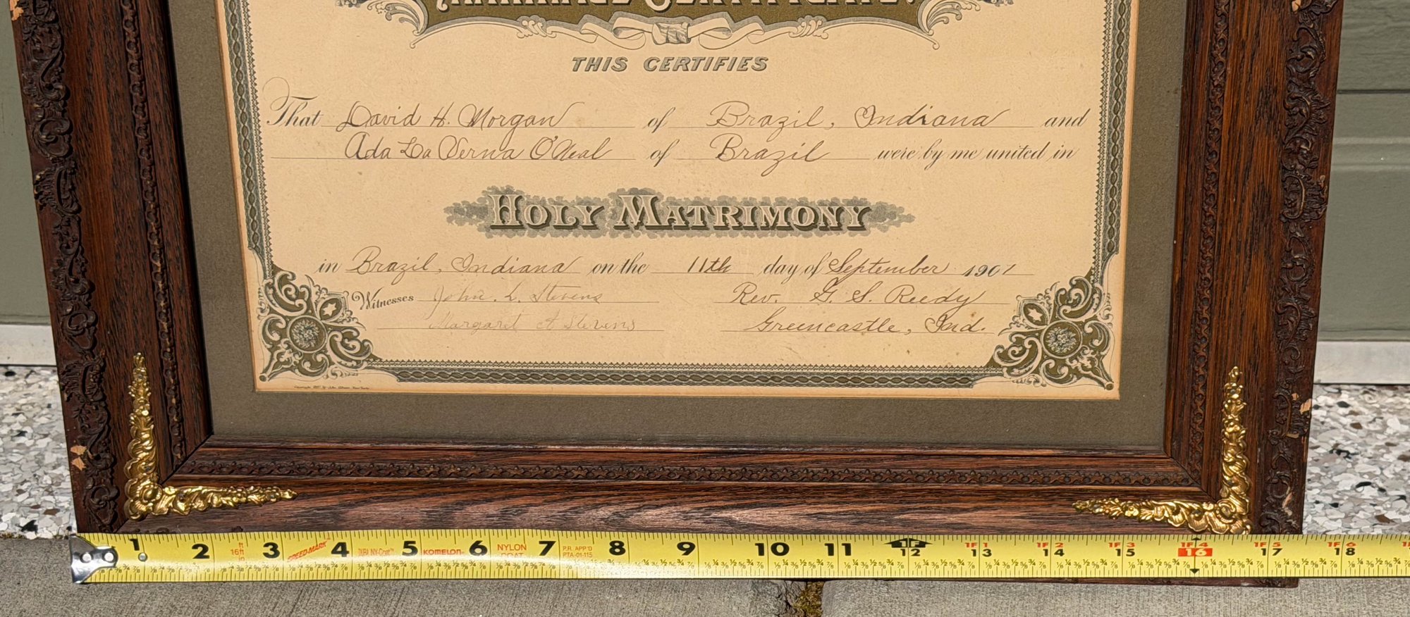 1901 Framed Marriage Certificate From Clay County, Indiana #73752 ...