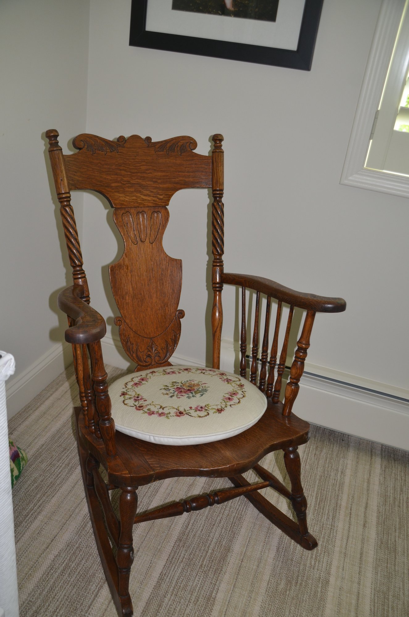14) Antique Tiger Oak Rocking Chair With Needlepoint Round Seat Cushion ...