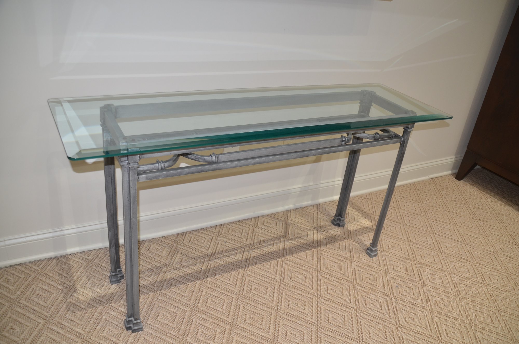 62) Metal Glass Top Entrance Sofa Table Silver / Pewter Color From ABC ...