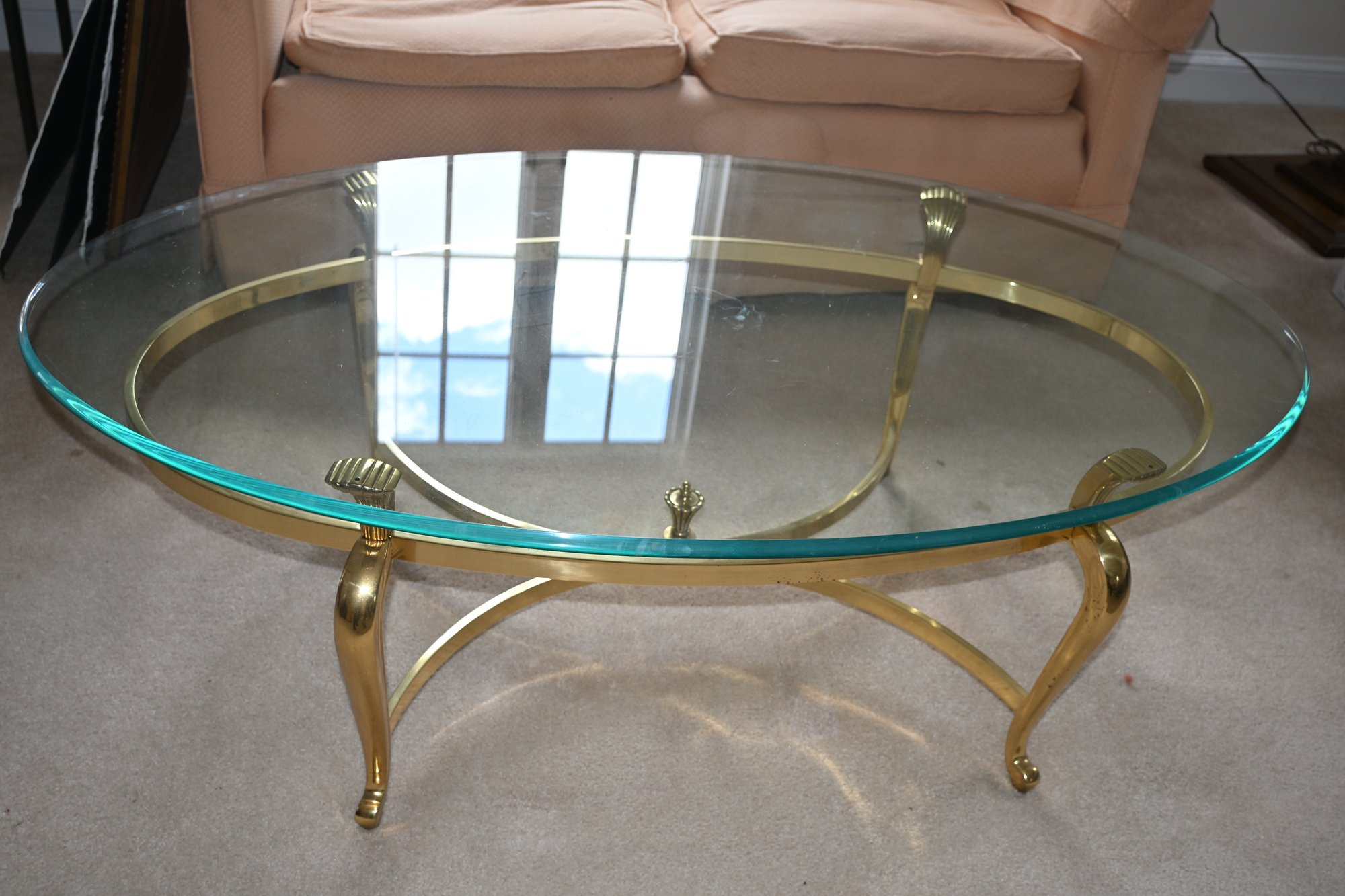 28) Vintage Medium Brass & Glass Top Oval Coffee Table Beveled Edge ...