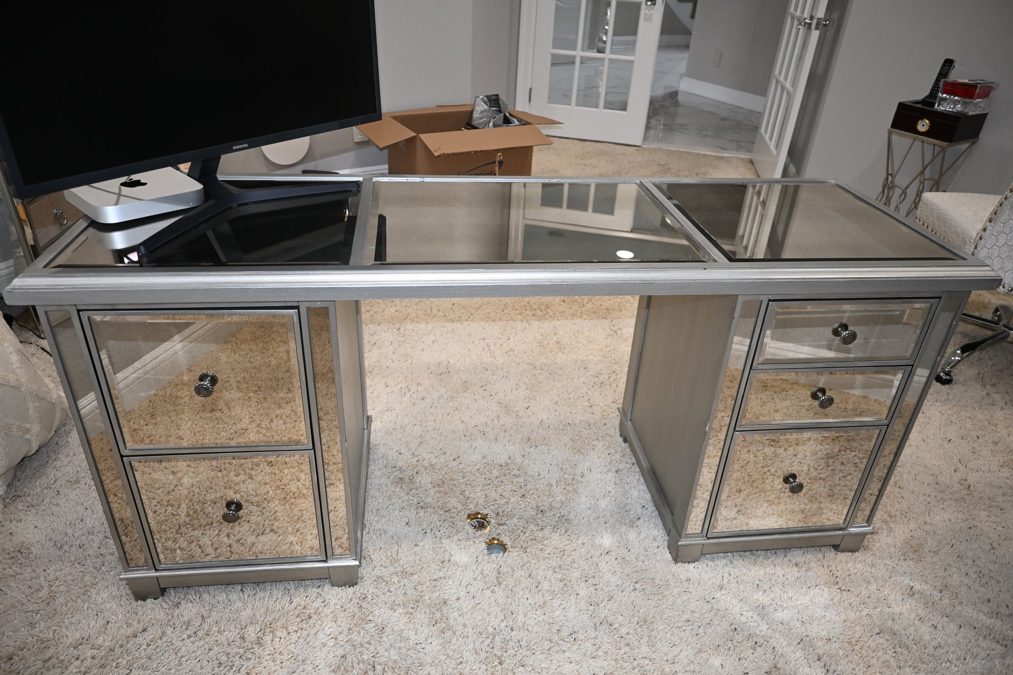 31) Pier 1 Mirrored Home Office Desk Back Side And Top Silver Smoke ...