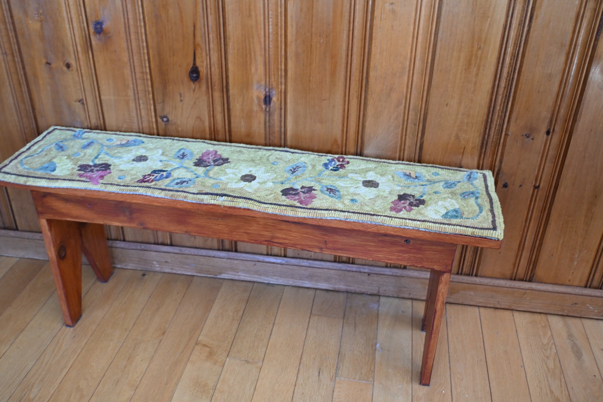 21) Vintage Wood Bench With Hand Woven Carpet Covering Nailed Down ...