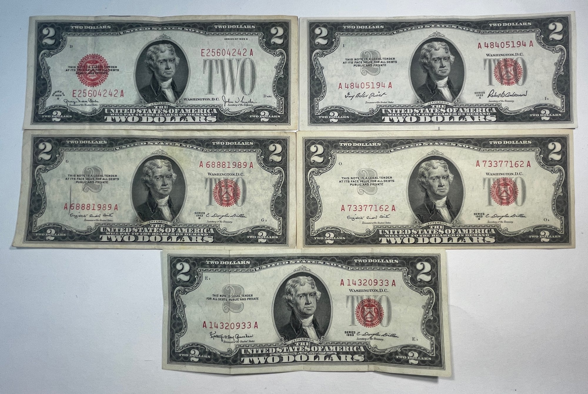 LOT (5) 2 TWO DOLLAR UNITED STATES NOTES - RED SEAL - SERIES 1928 G ...