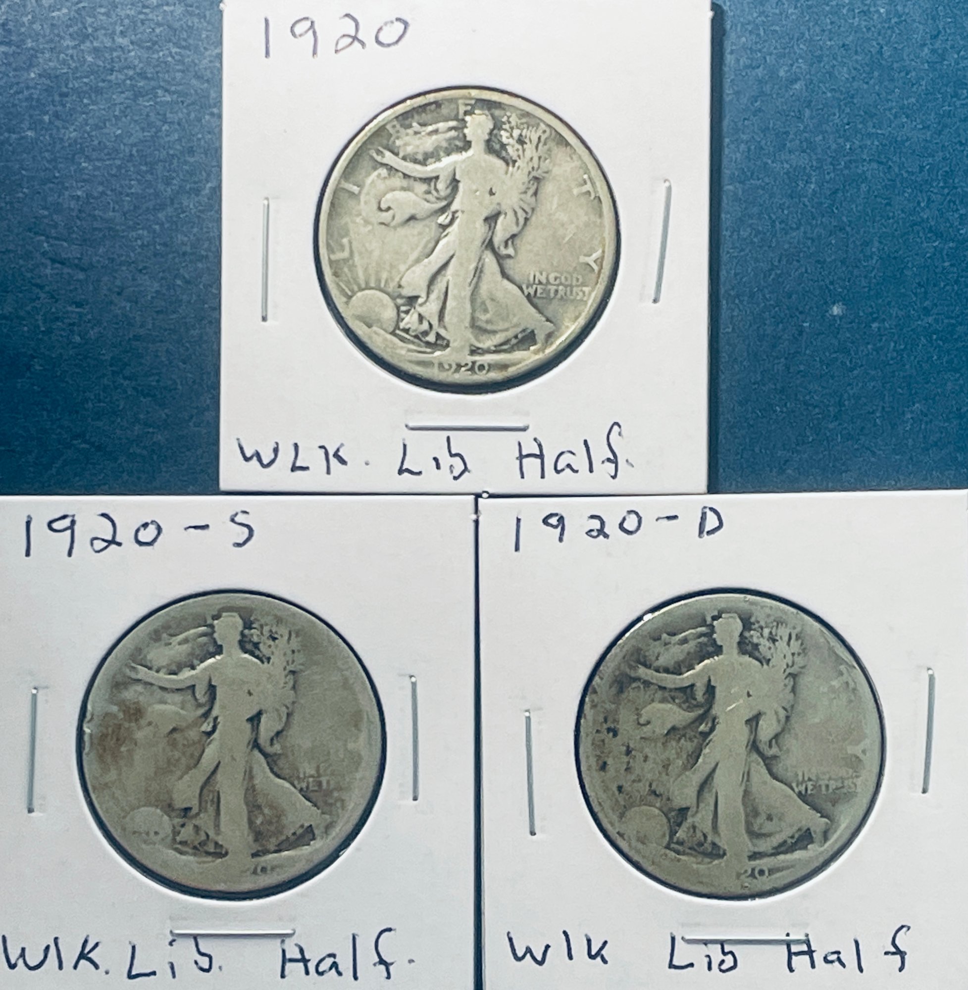 LOT (3) WALKING LIBERTY SILVER HALF DOLLAR COINS - 1920-P, 1920-S ...