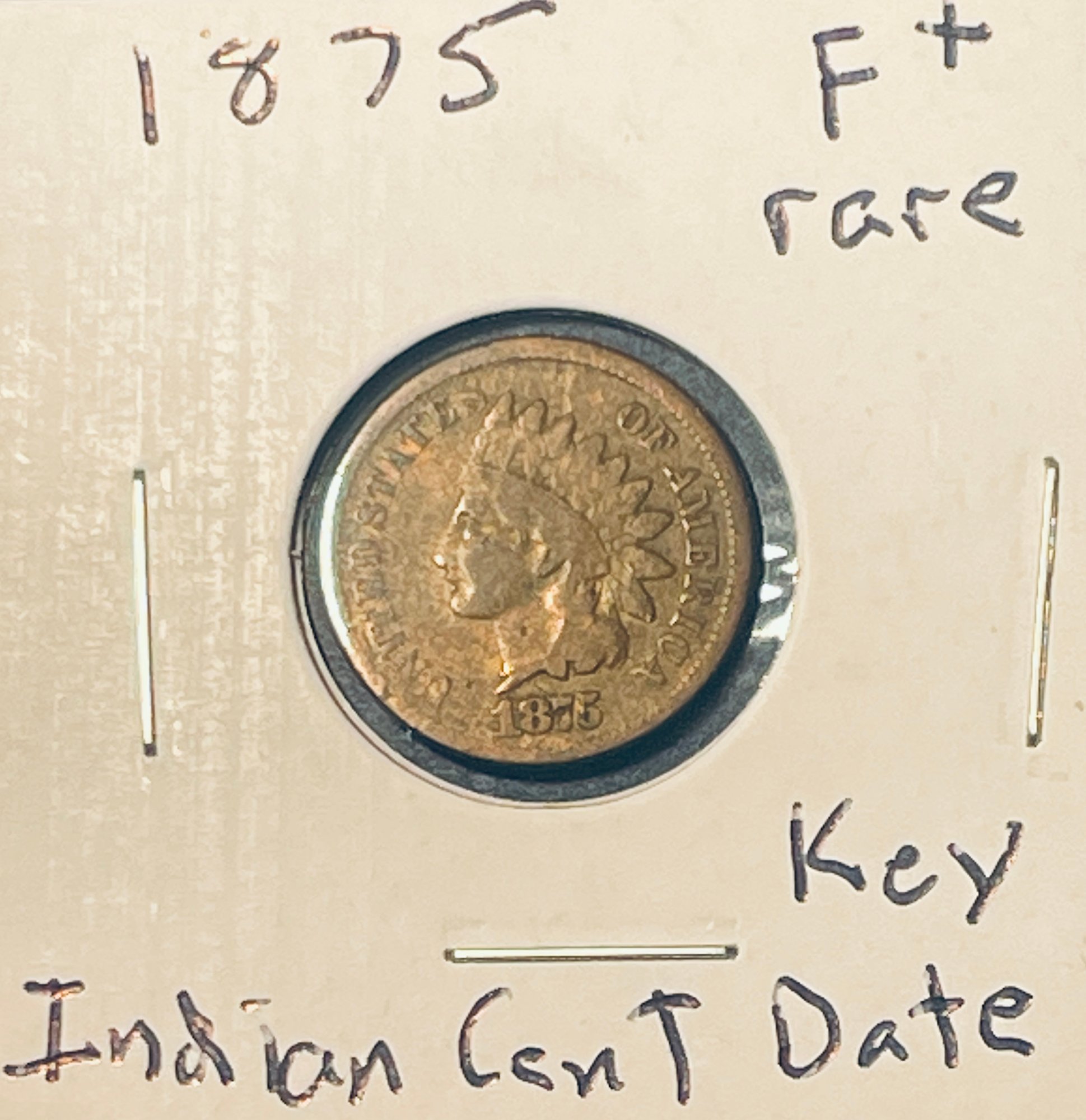 1875 INDIAN HEAD CENT PENNY COIN - RARE KEY DATE - FINE PLUS- IN FLIP ...