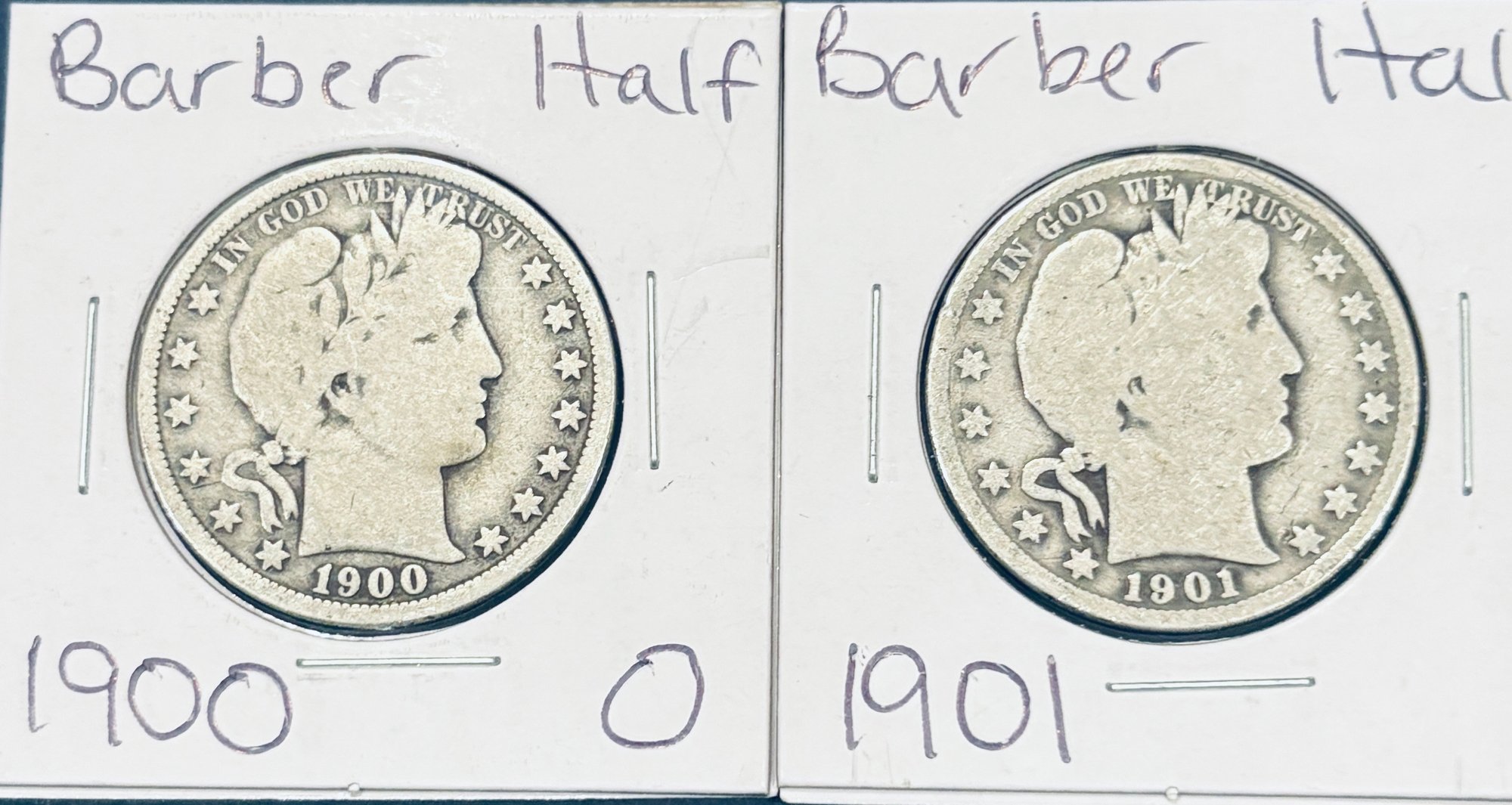 LOT (2) SILVER BARBER HALF DOLLAR COINS - 1900-O & 1901 - IN FLIPS ...