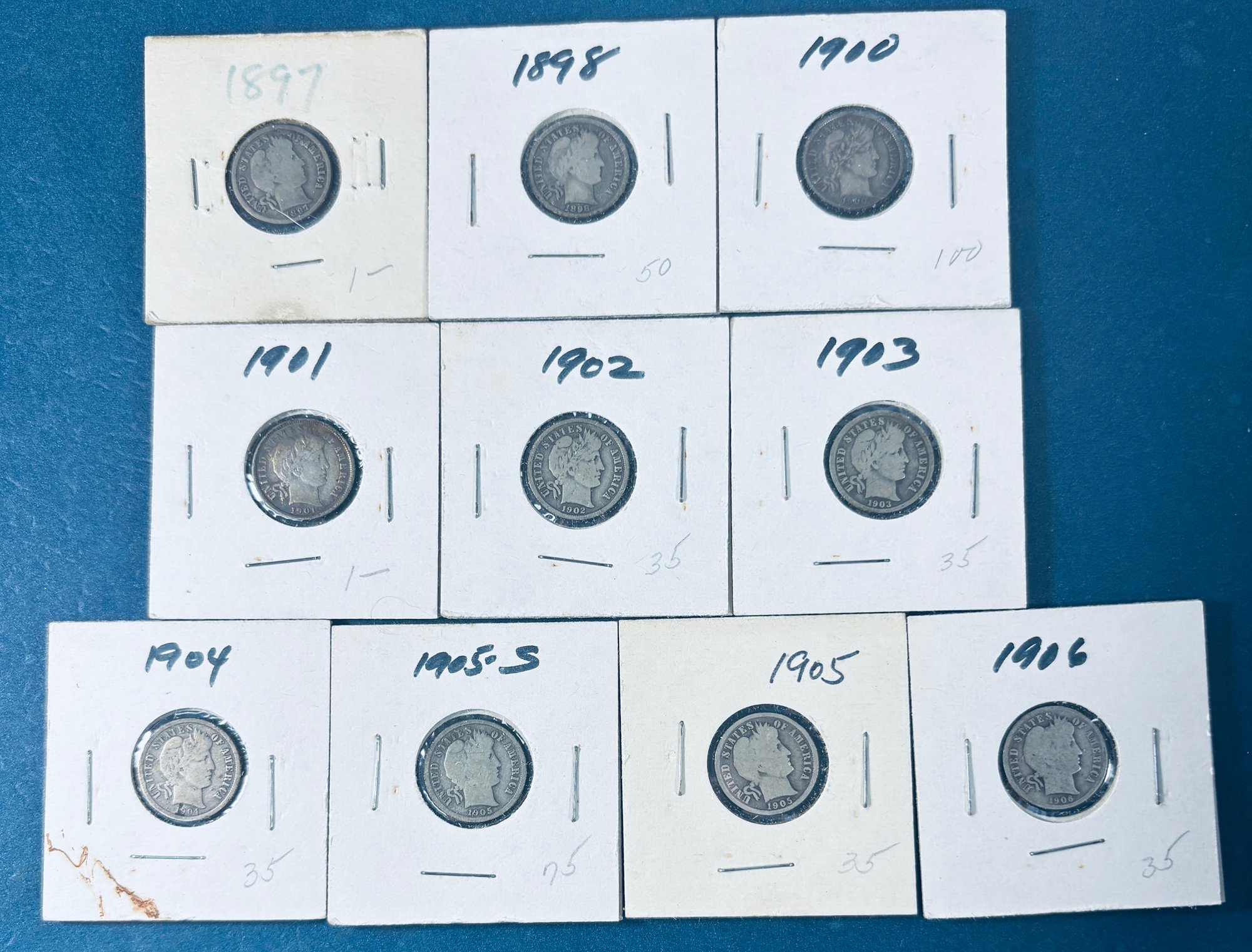 LOT (10) UNIQUE BARBER SILVER DIMES - NICE MIX - IN FLIPS! #11704 ...