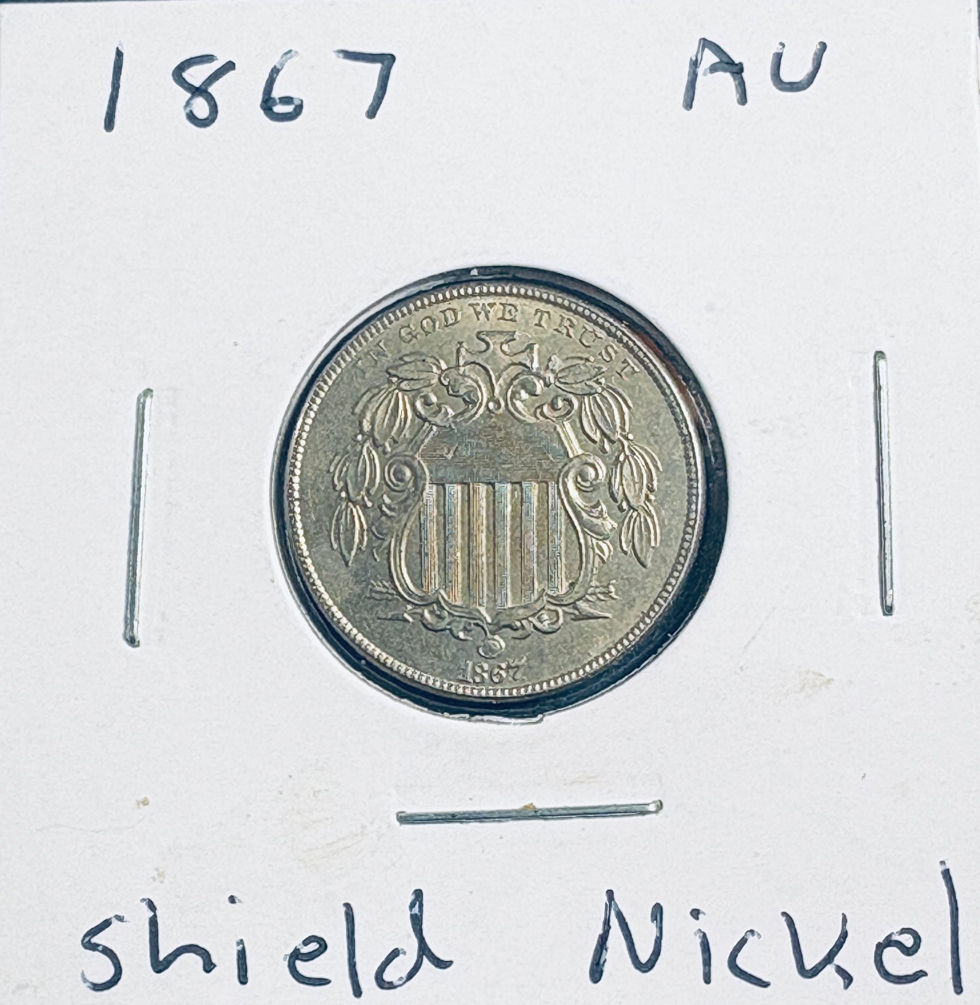 1867 SHIELD NICKEL COIN - AU - IN FLIP #12678 | Auctionninja.com