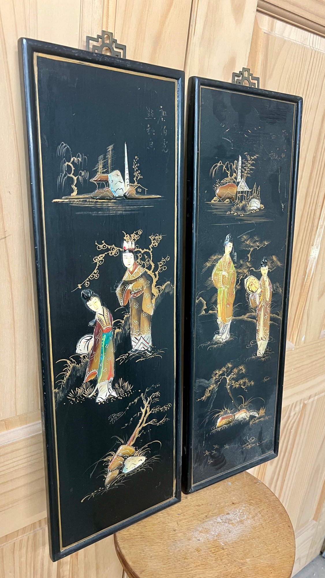 Pair Of Small Vintage Chinese Black Lacquered Wall Panels With Added ...