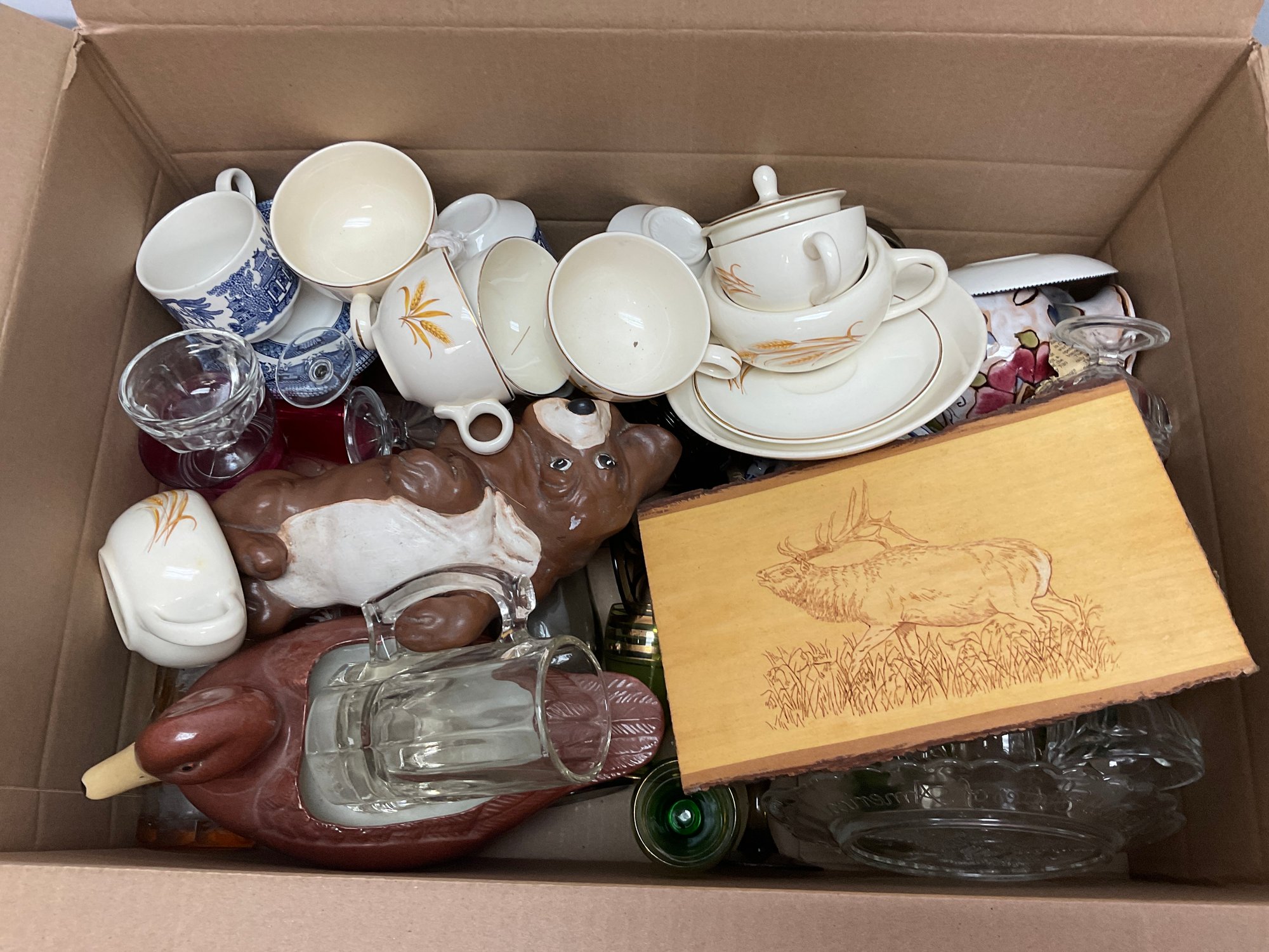 Vintage Lot - Wood Burning Of Elk, Dish Ware, Tea Cups, Plates, Duck ...
