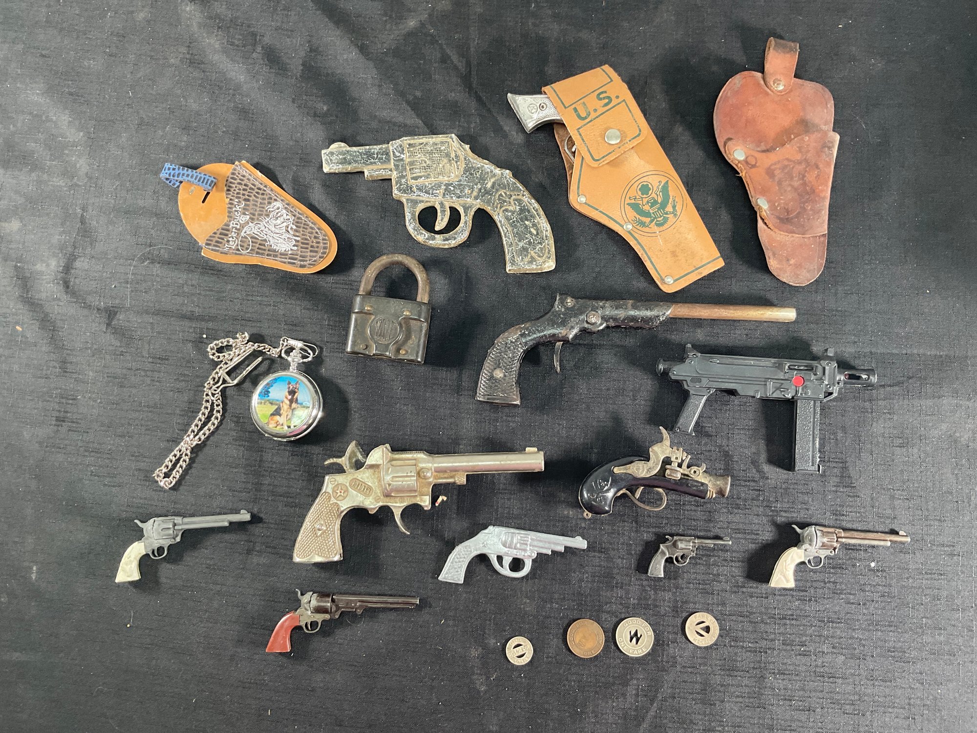 Vintage Toy Guns, Holsters, German Shepherd Pocket Watch, 4 Tokens ...