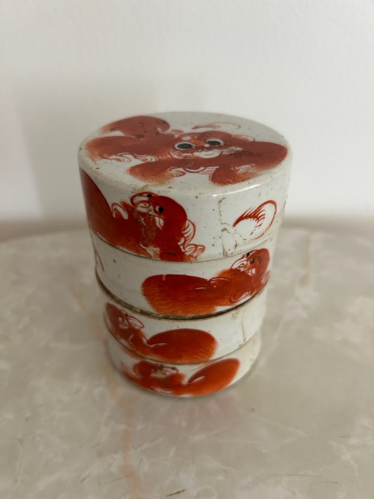 Chinese Hand Painted Porcelain Four Tier Foo Dog Stacking Boxes #10134 ...