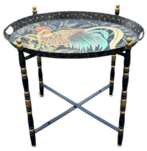 Tole Tray On Stand - Rooster Design On Surface - Black Lacquer Base ...