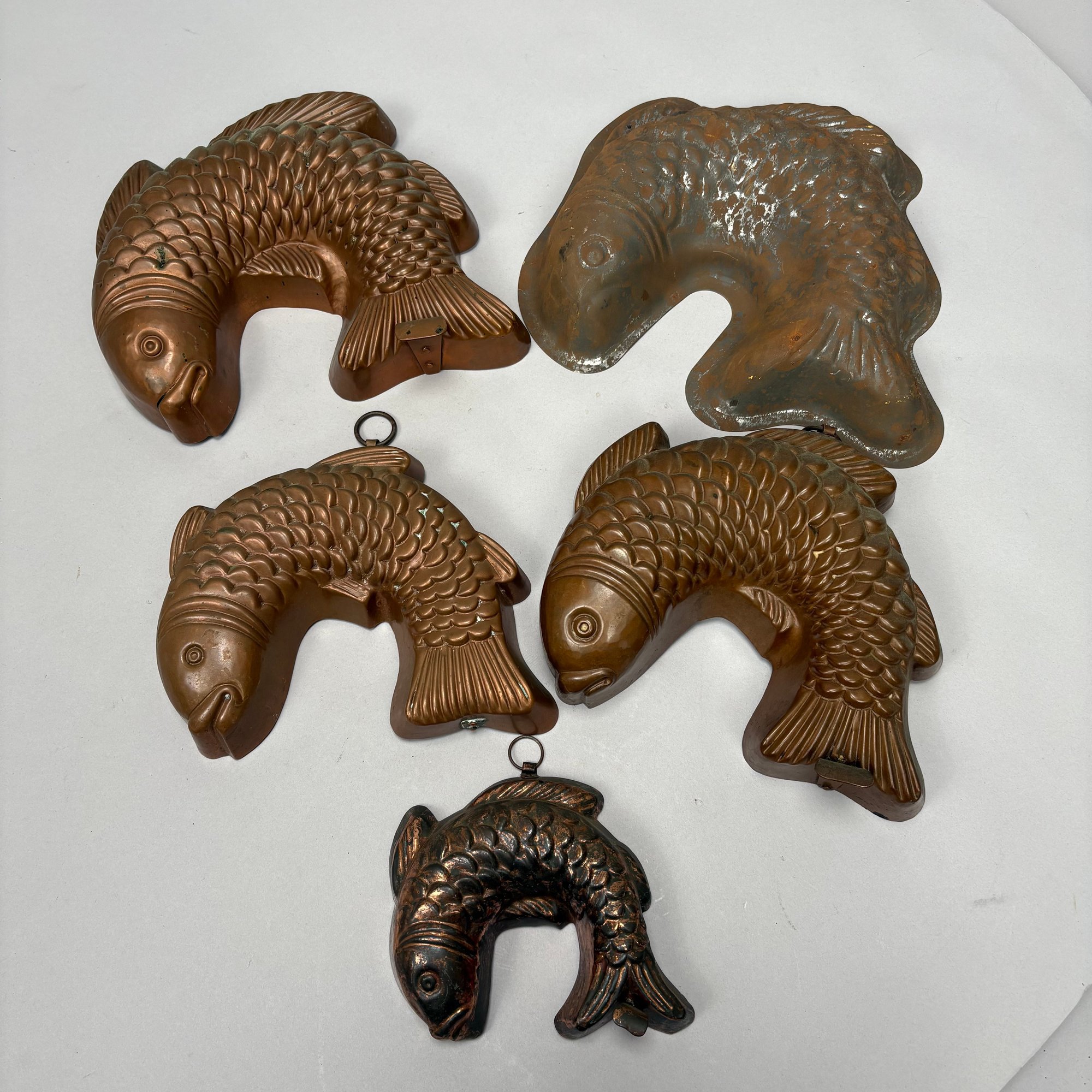 Five Tin-Lined Copper Jumping Fish Molds, 20th Century #4054 ...