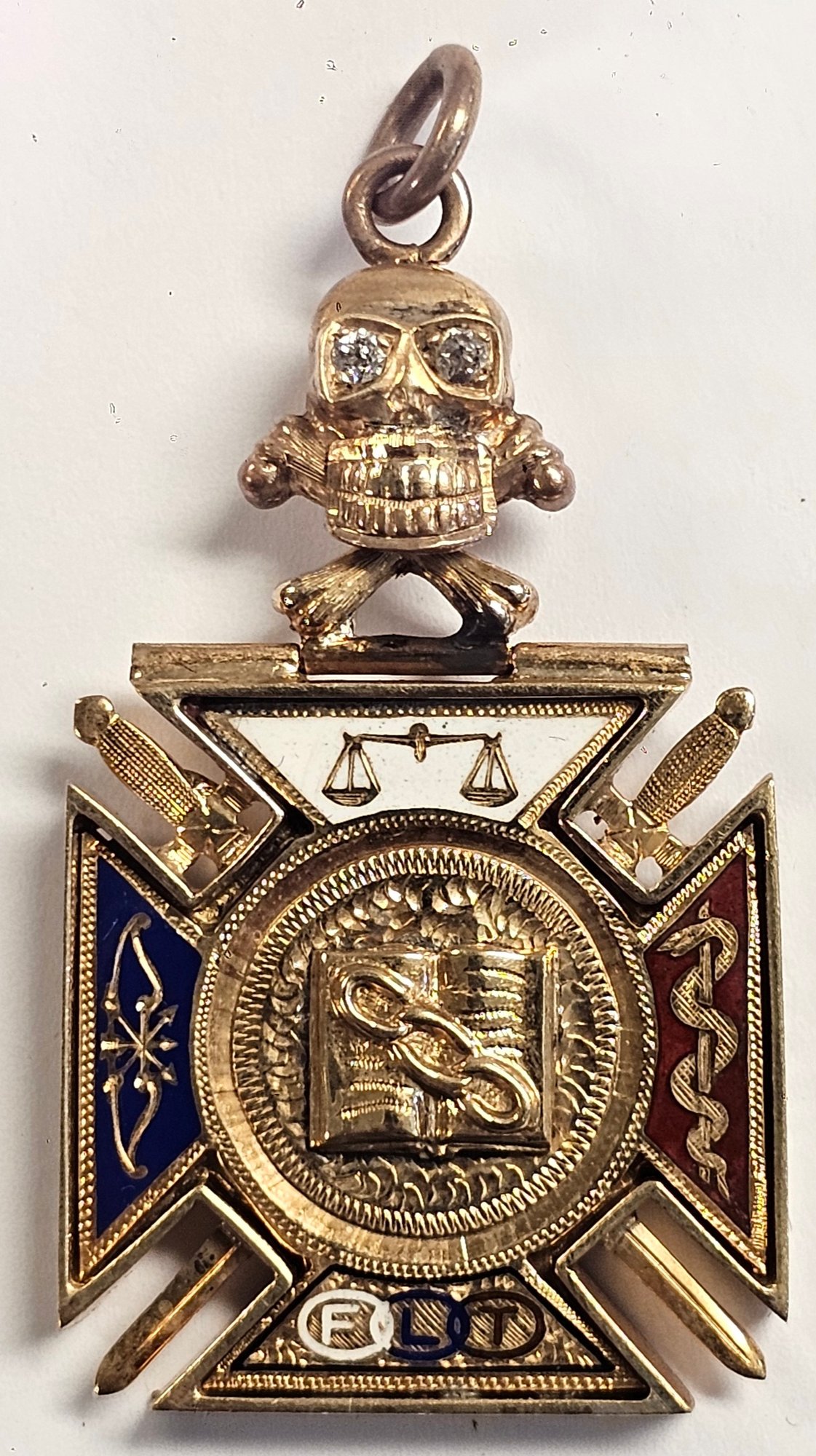 10K Gold Order Of The Odd Fellows Fob With Skull On Top With Diamond ...