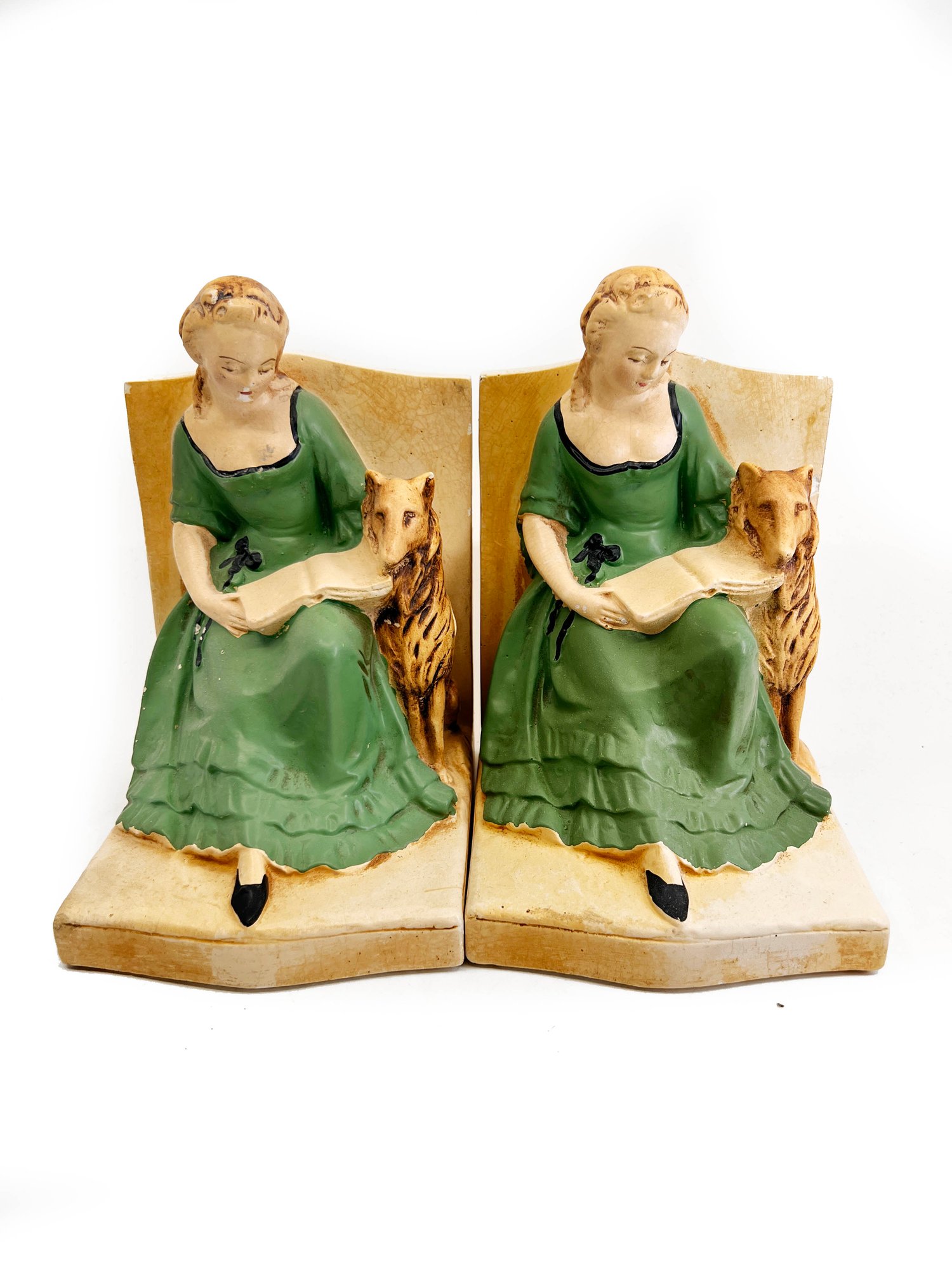 (C-18A) VINTAGE ART DECO CHALKWARE BOOKENDS CIRCA 1930'S-WOMAN READING ...