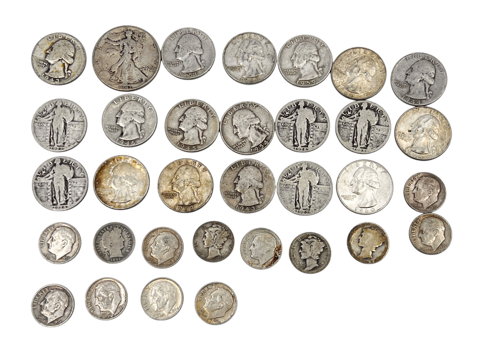 (J-14) A TOTAL OF 33 ASSORTED US 90% SILVER COINS-HALF DOLLAR, QUARTERS ...