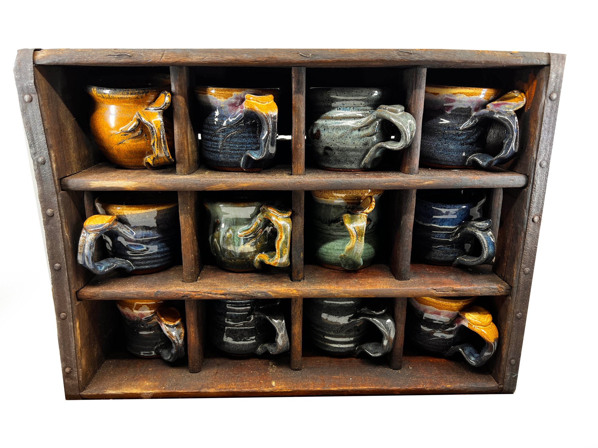 (A-11-3) SET OF 12 CERAMIC MUGS BY JOHN FINK -SIGNED W/CASE AS SHOWN ...