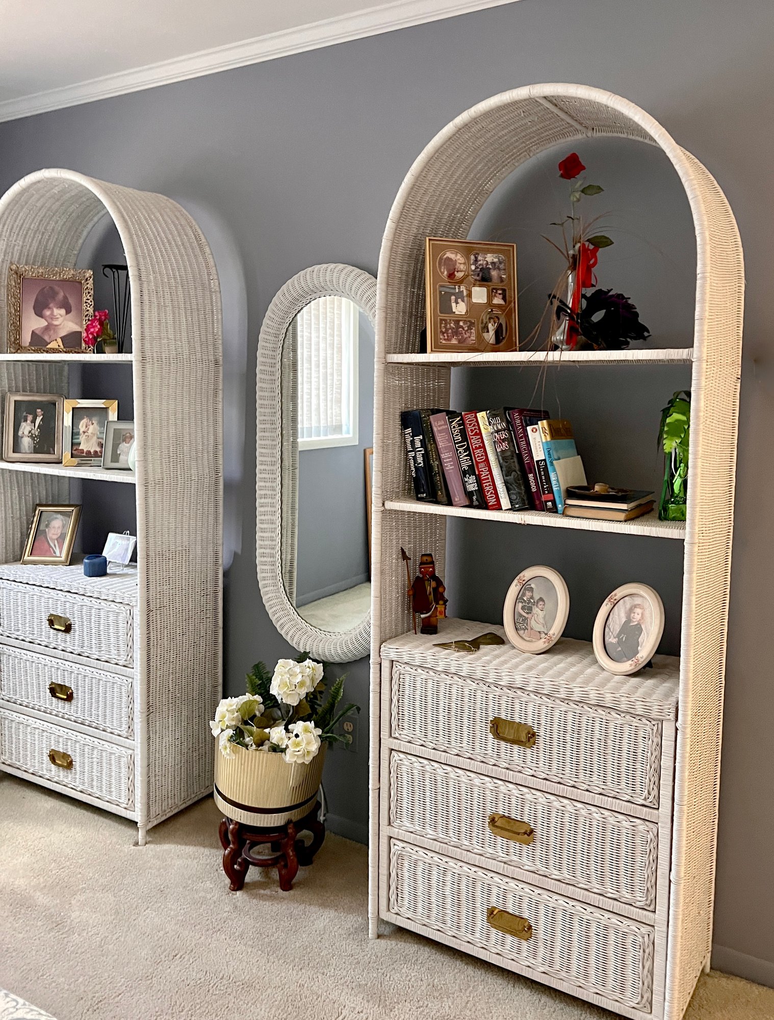 (UB) PAIR OF VINTAGE WHITE WICKER ARCH TOP BOOKCASES WITH THREE DRAWERS ...