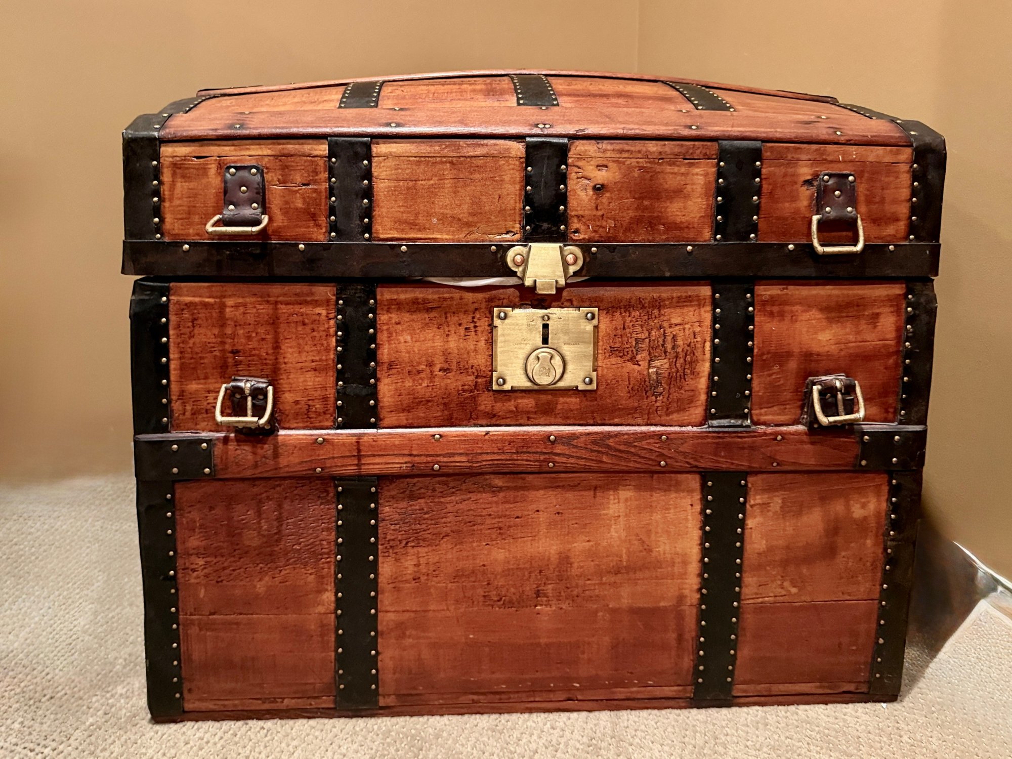 (BR) ANTIQUE IRON BANDED DOME TOP CHEST -"C. LIBBRICK, PHILA." STAMP ...