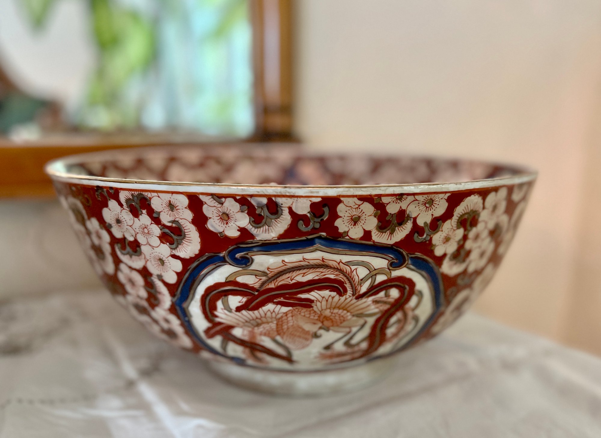 LARGE HAND PAINTED ASIAN STYLE POTTERY BOWL - 14" BY 7" HIGH #16342 ...