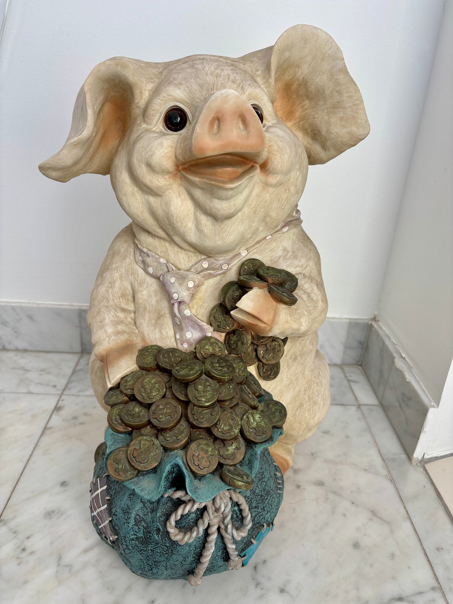 (Hall-1) VINTAGE LUCKY PIG WITH SACK OF GOLD COINS - RESIN, -20" BY 15 ...