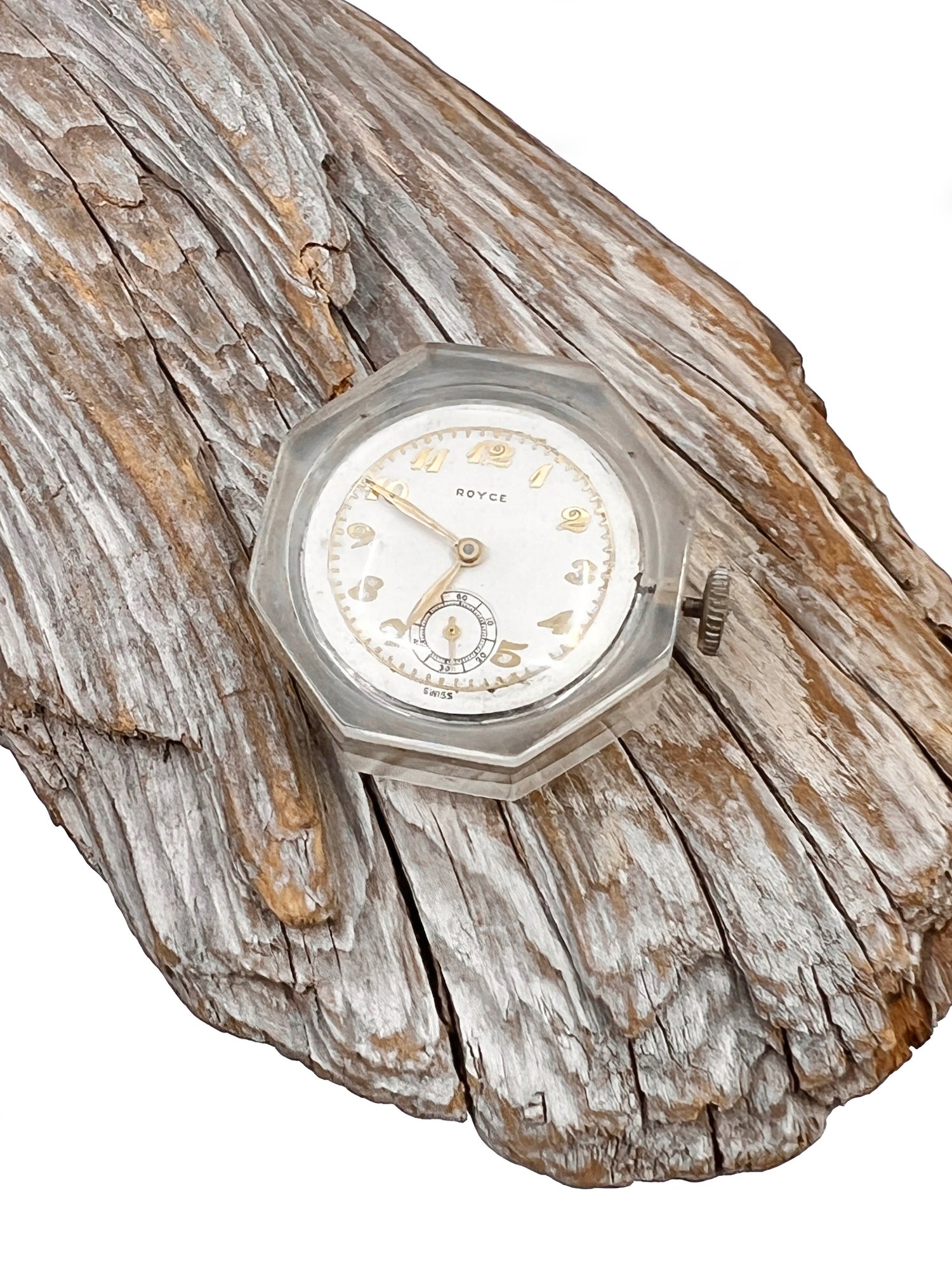 (J-3) VINTAGE ROYCE WATCH CO.-MECHANICAL WATCH IN LUCITE CASING-7 JEWEL ...