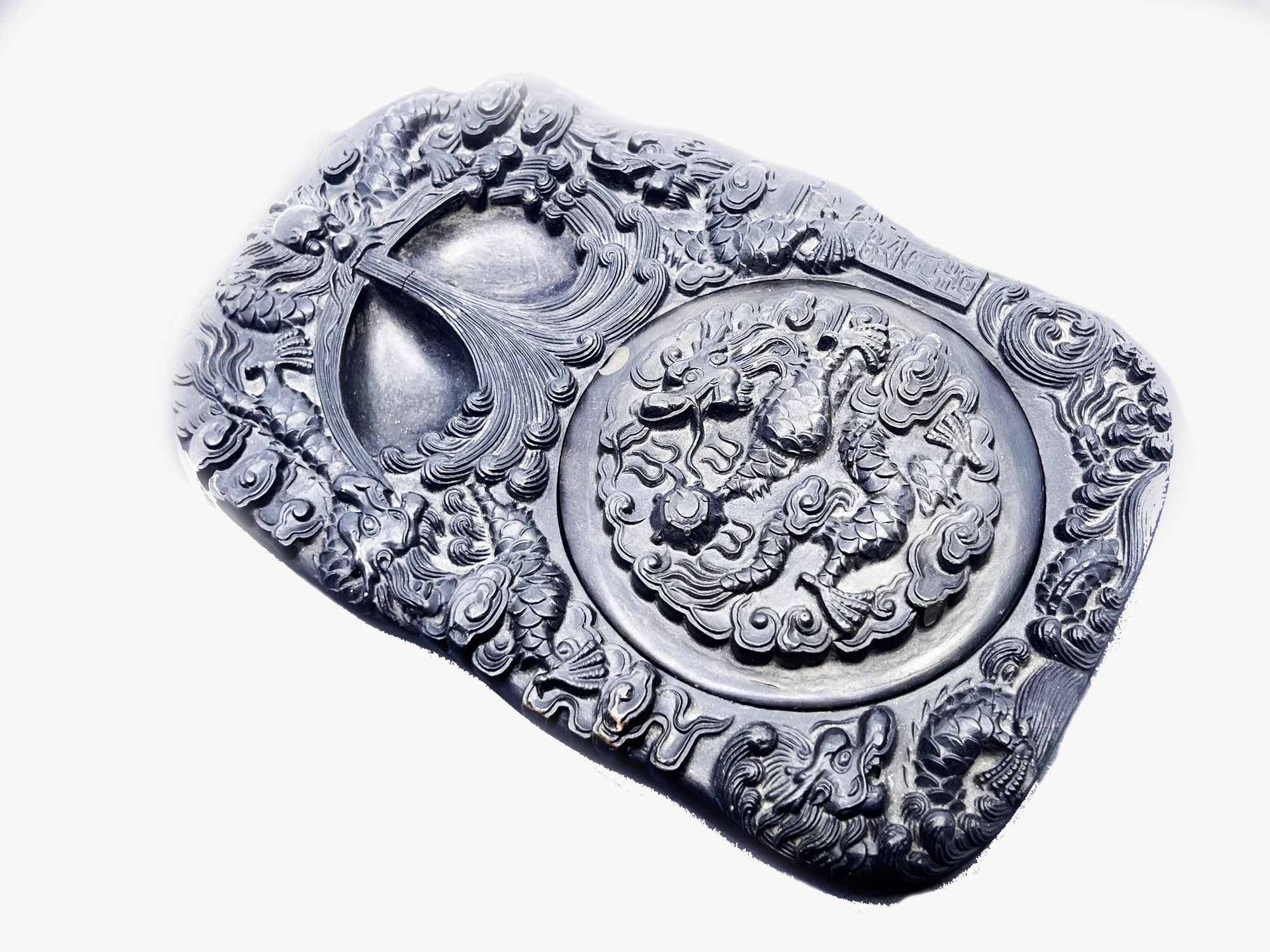 (A-4) VINTAGE CHINESE LOW RELIEF FIVE DRAGON DESIGN CHENGNI INKSTONE ...