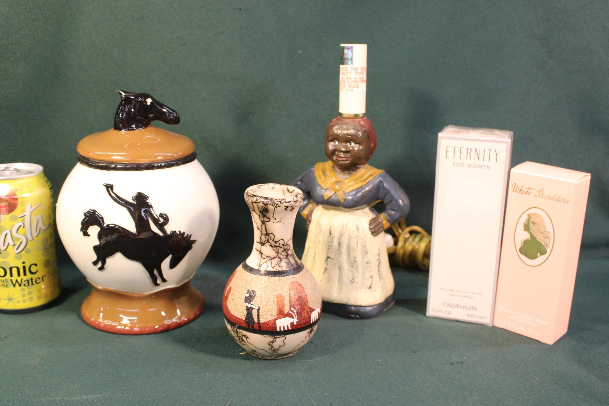 Navajo Horse Hair Decorated Vase, Cowboy Covered Jar, Aunt Jemima Lamp ...