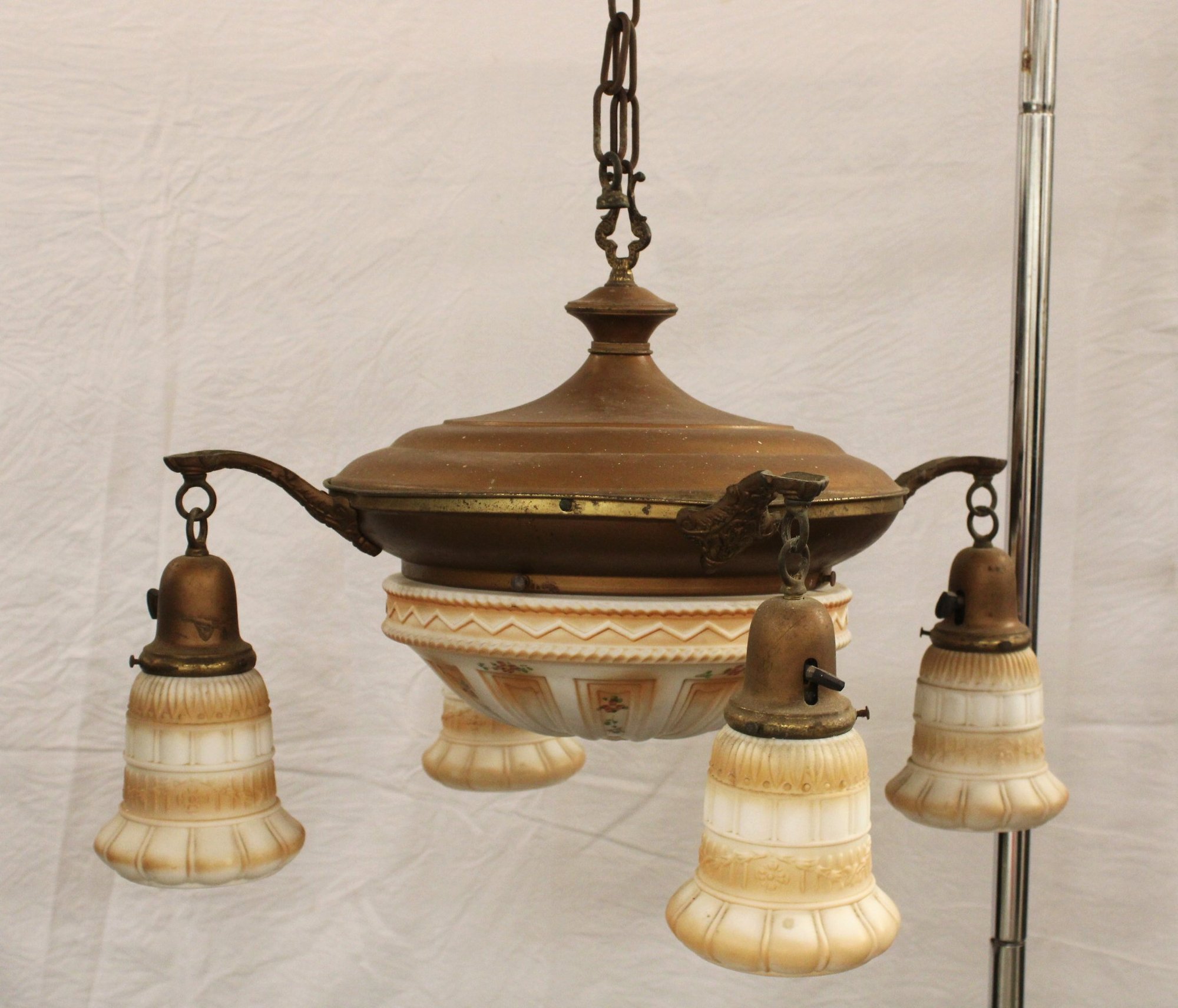 Antique Brass 5 Lite Hanging Belly Lamp W/matching Shades, 22" Dia ...