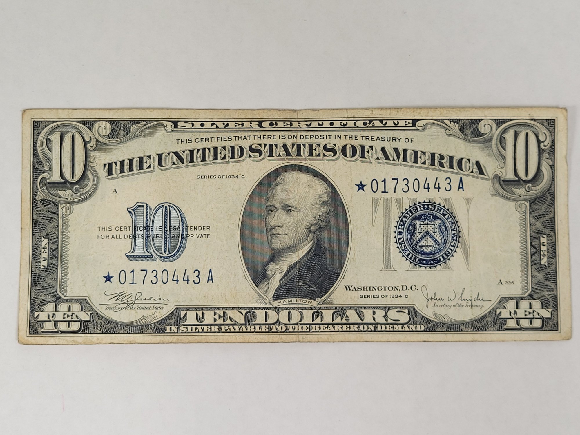 Series 1934C - $10 Silver Certificate Star Note - Extremely Fine #3684 ...
