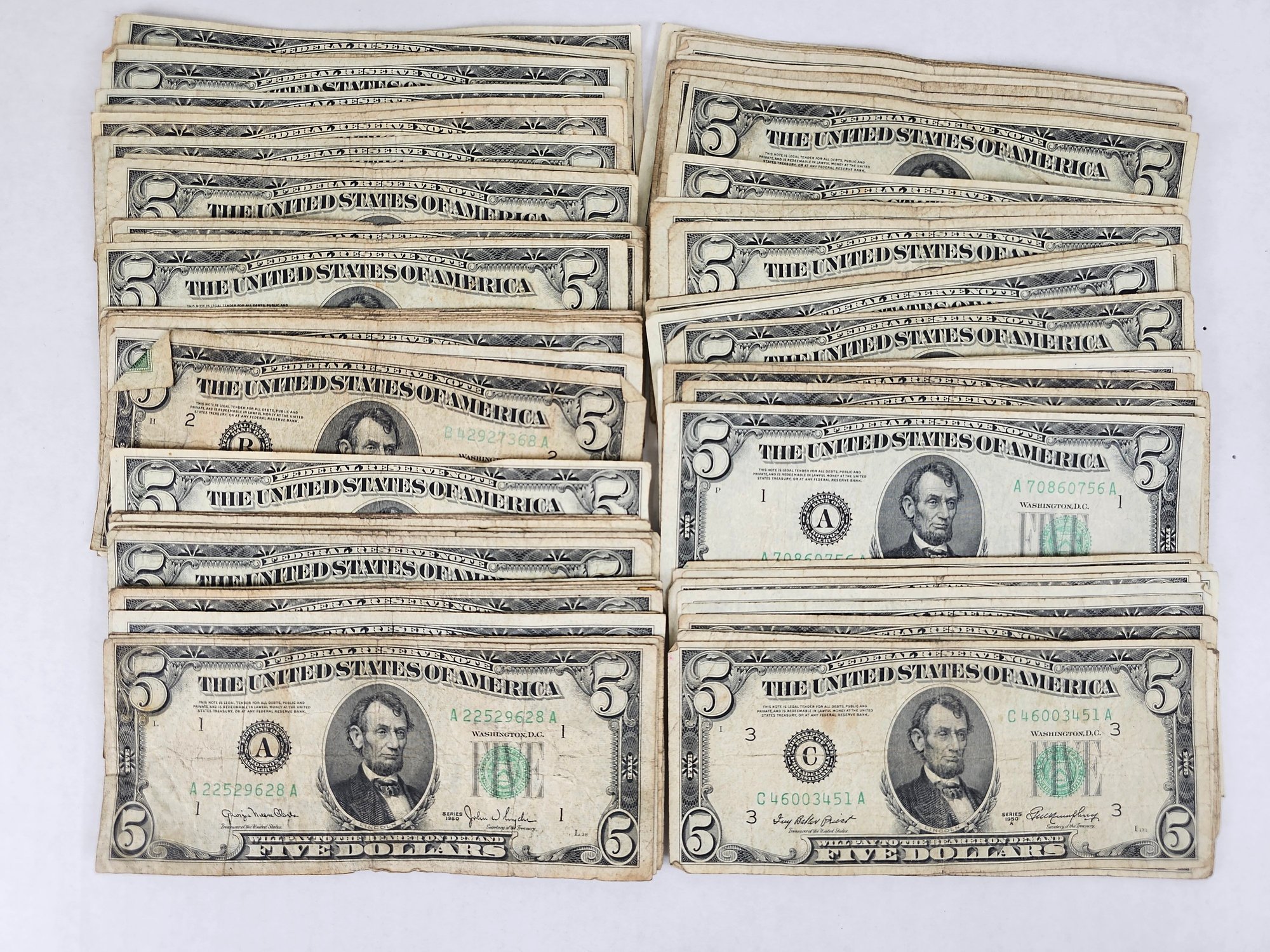 $500 Face Value - Bulk Lot Of 1950 $5 Federal Reserve Notes #4024 ...