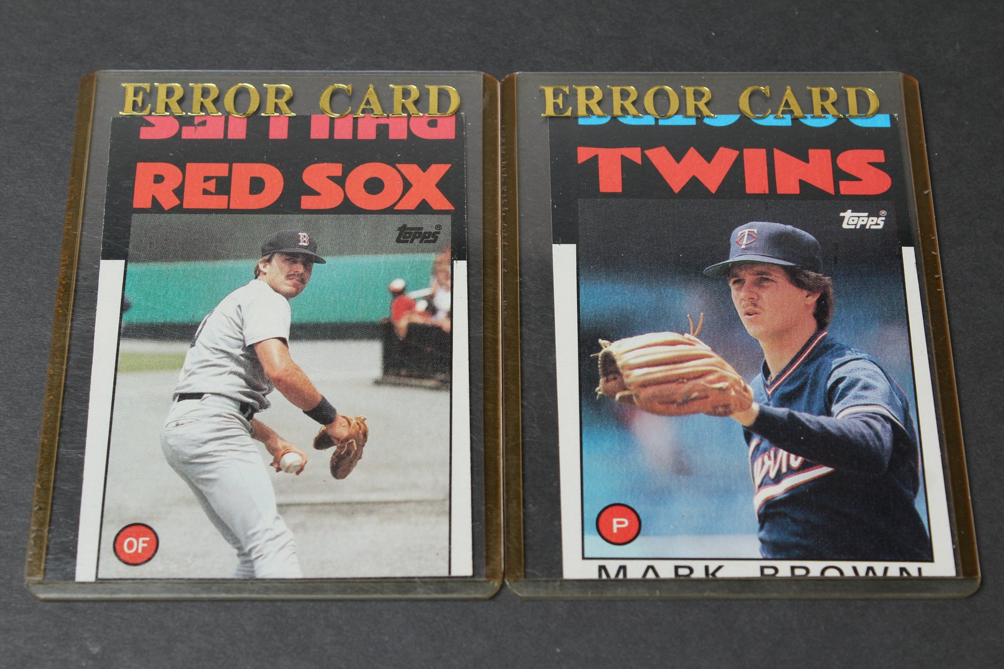 Two 1986 Topps Baseball Error Cards - Miscut - Mark Brown, Rick Miller ...