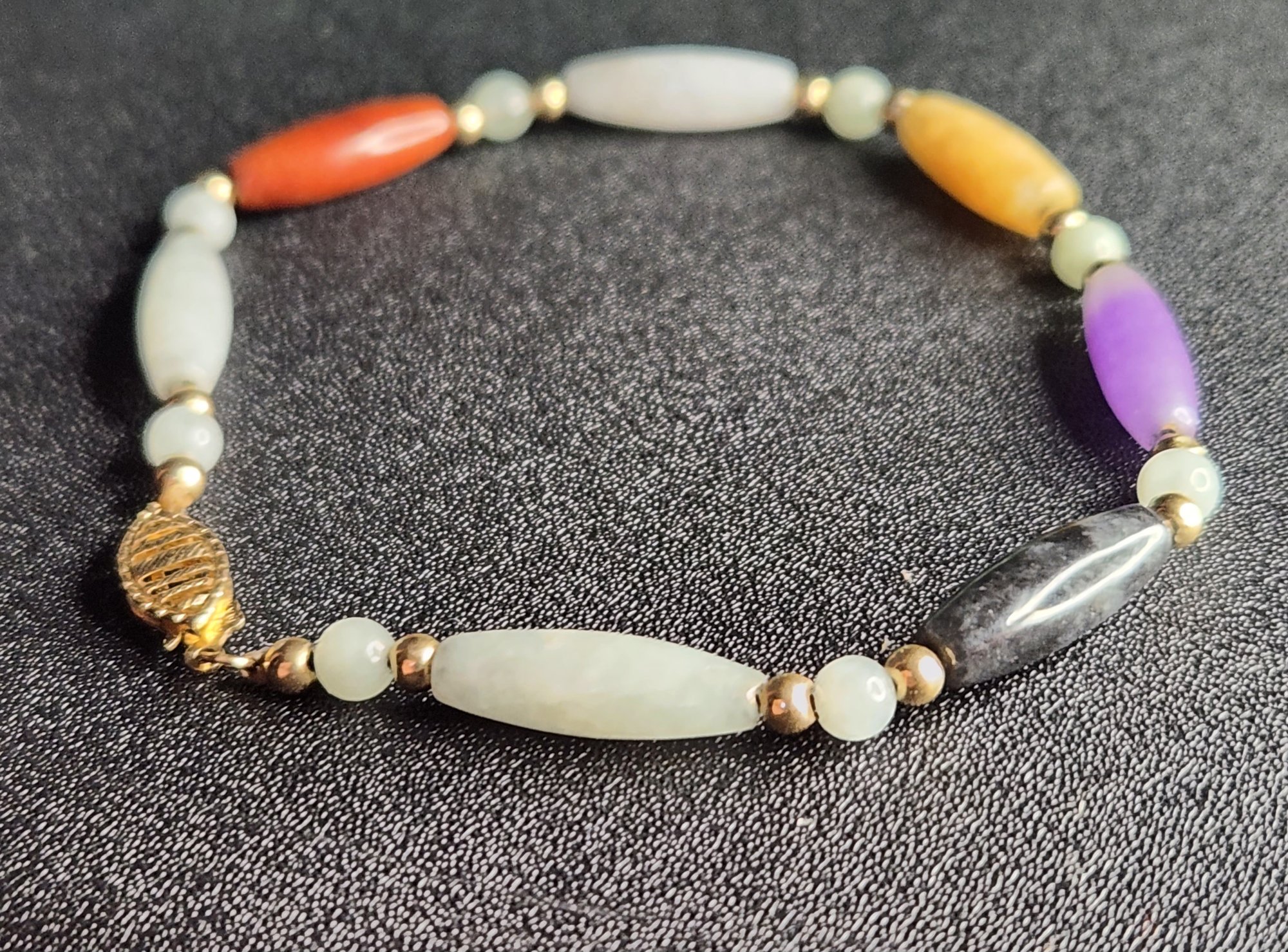 Multi-Color Jade Bracelet 7.25" Long 14k Yellow Gold Clasp #3272 ...