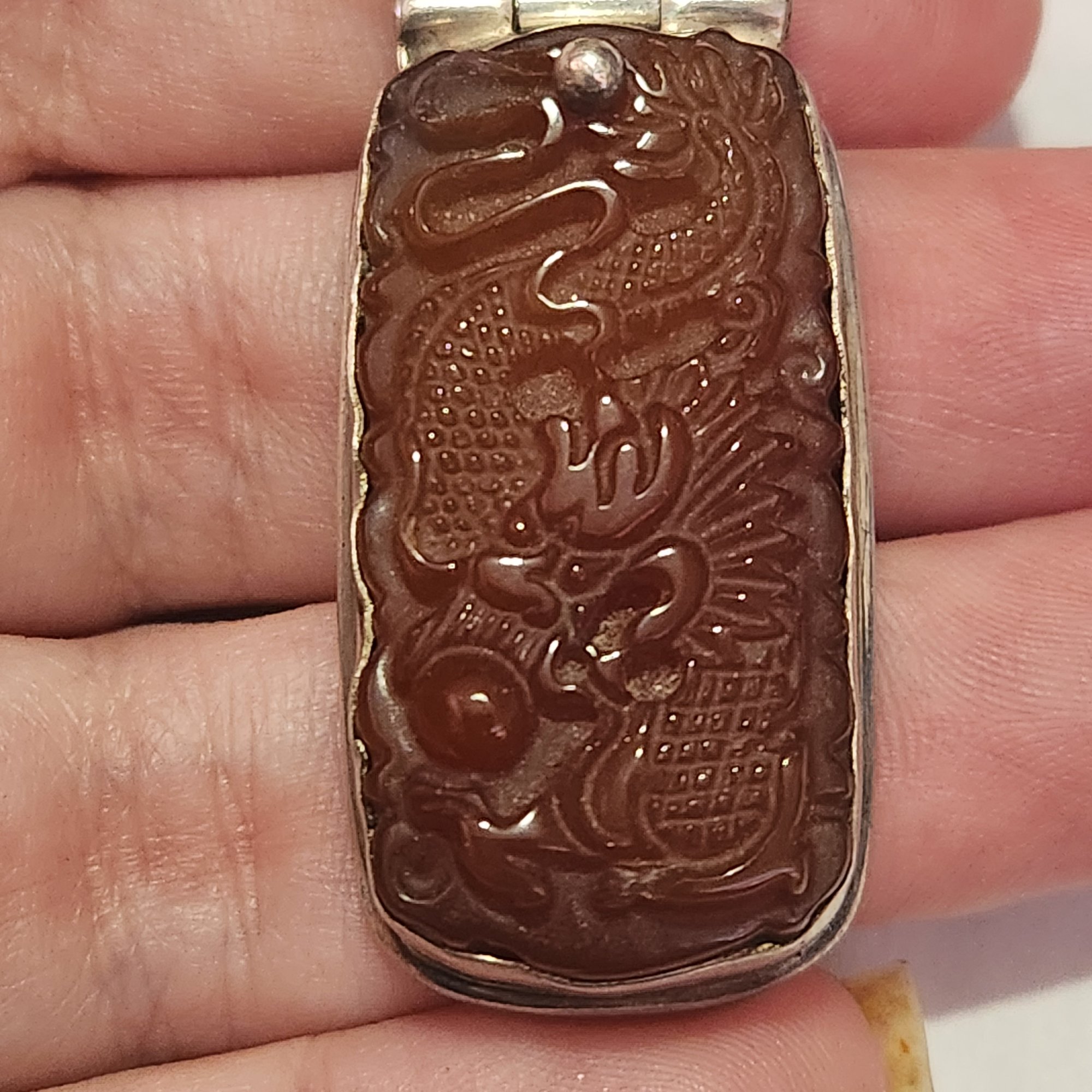 Stunning Solid Sterling Silver Carved Red Jade Dragon Pendant #4090 ...