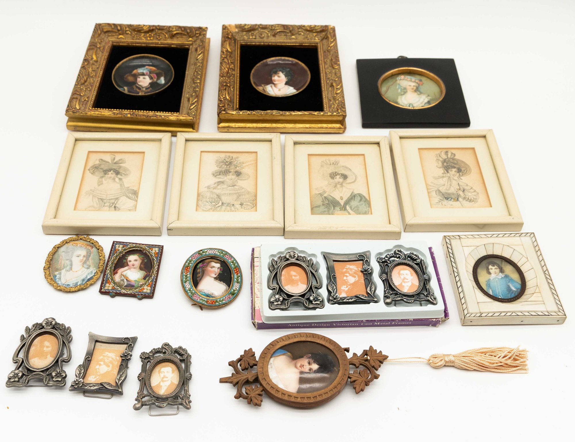 Large Lot Of Antique Miniature Portraits Of Women W/ Miniature Frames ...