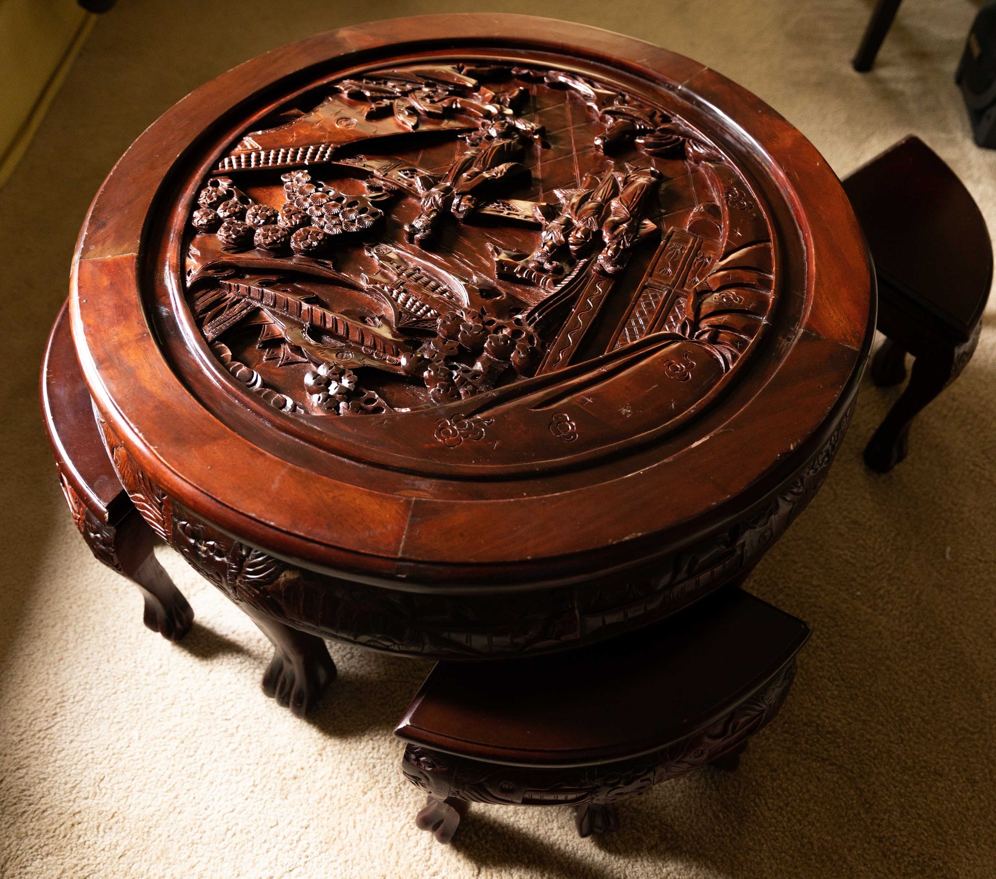 Vintage Oriental Carved Tea Table With Four Stools #12303 ...
