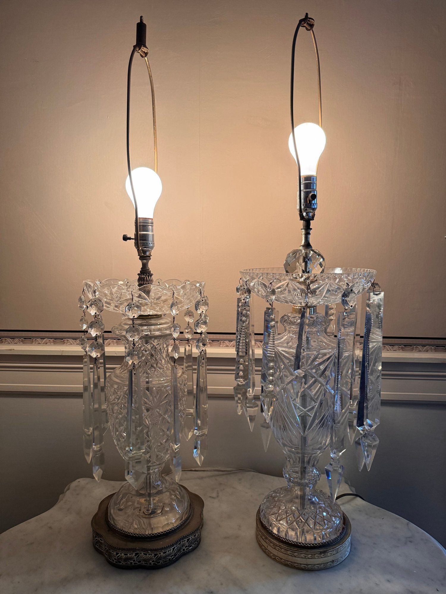 Pair Of Vintage Cut Glass Prism Table Lamps Crystal Luster Style With ...