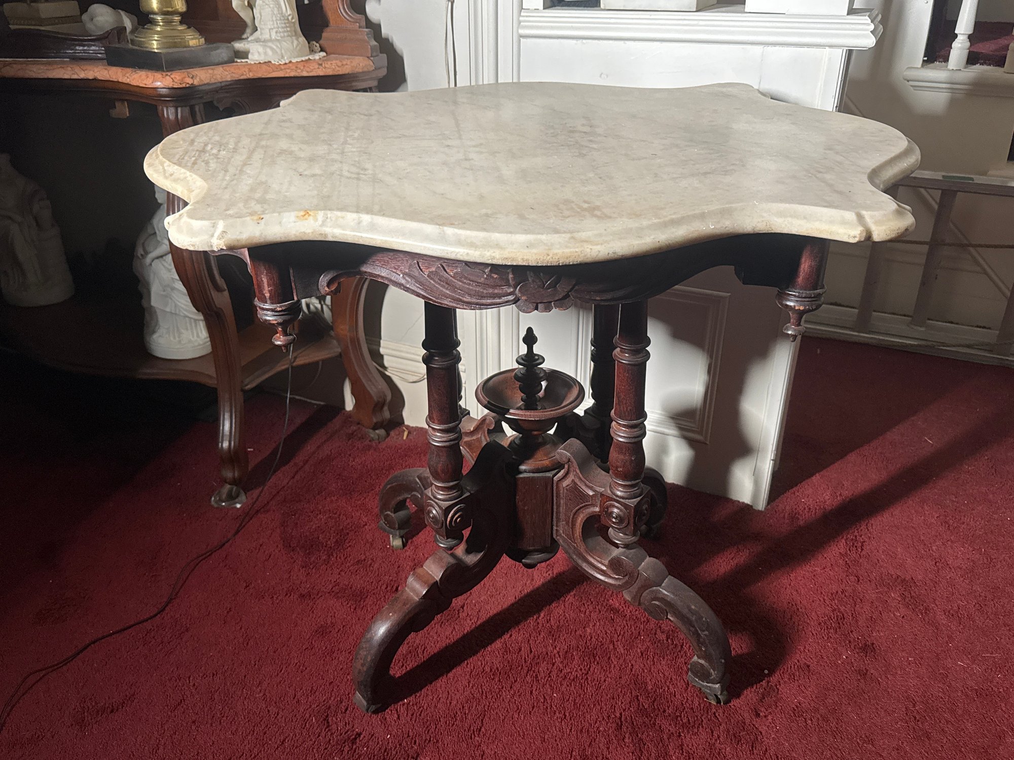 Victorian Marble-Top Parlor Table With Carved Base & Original Casters ...